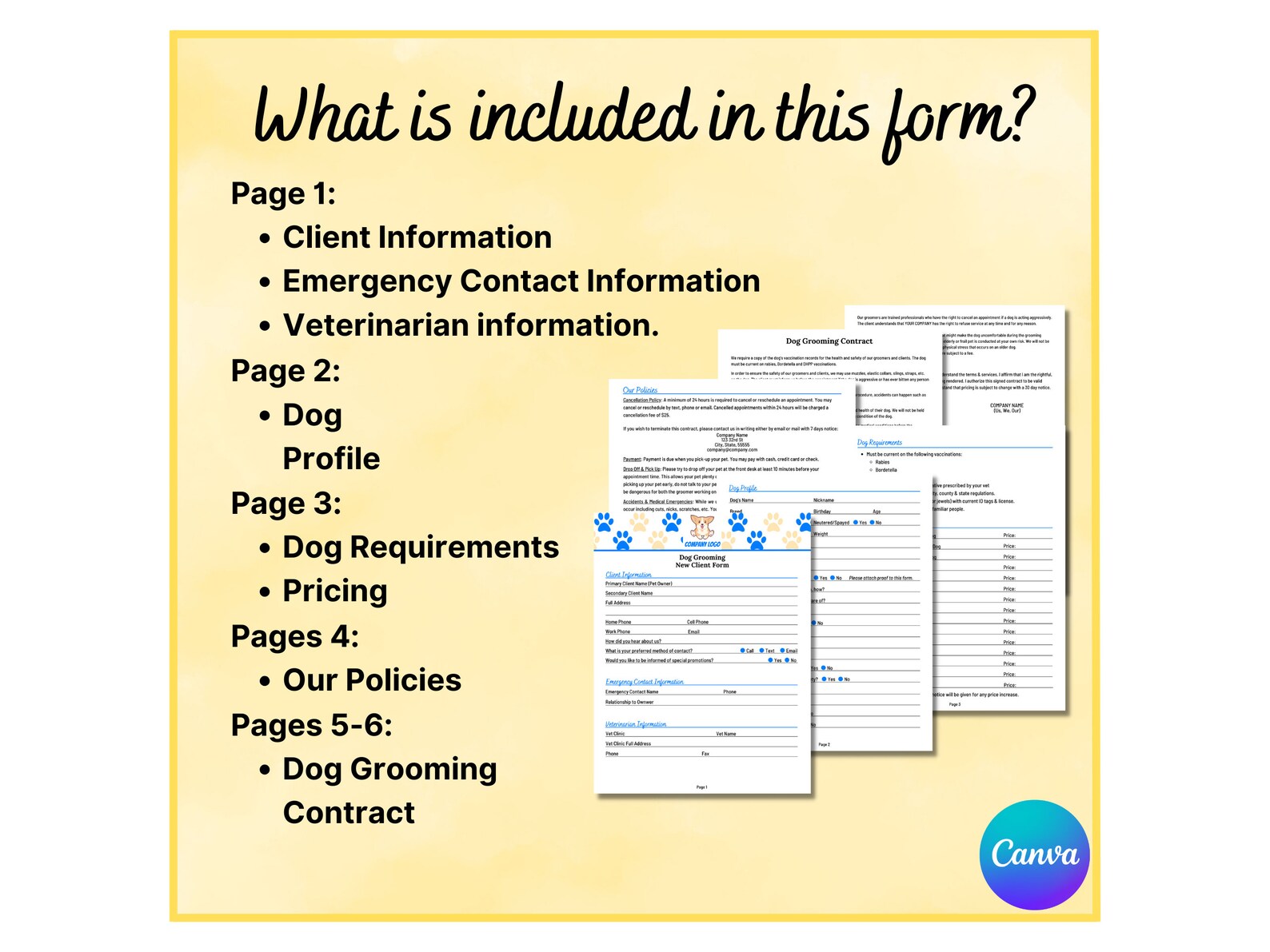 Dog Grooming New Client Form | New Client Contract | Consent Form | Pet ...