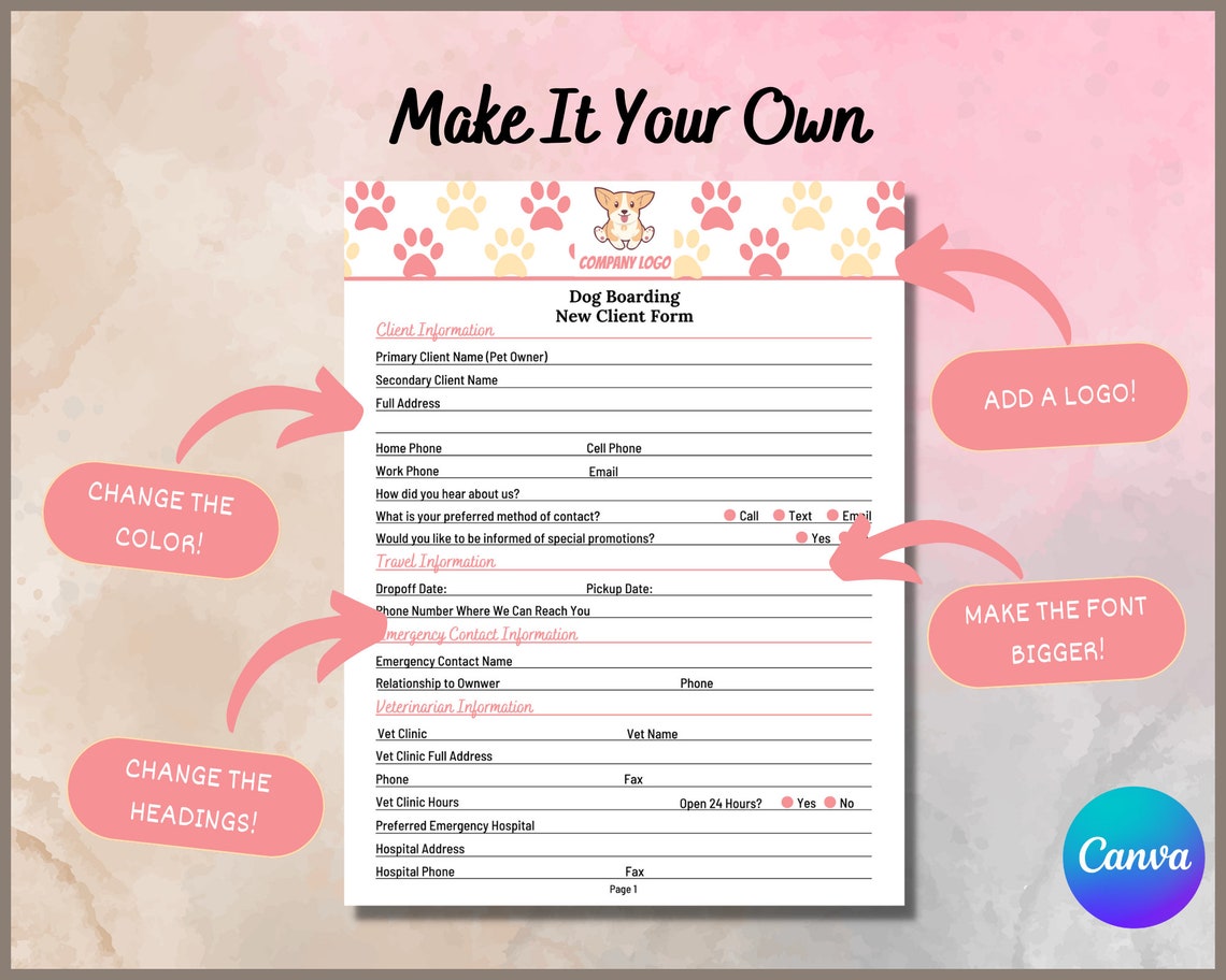 Dog Boarding New Client Form Dog Hotel New Client Contract - Etsy