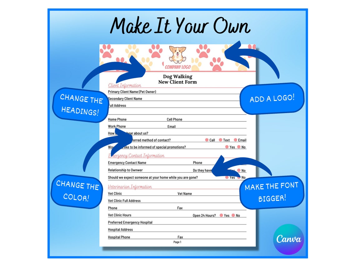 Dog Walking Contract Agreement | New Client Form | Canva Template | Dog ...