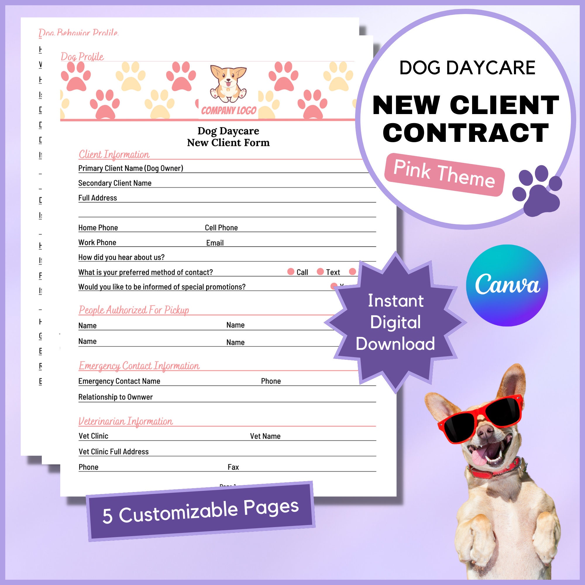 Dog Daycare New Client Form Doggy Daycare New Client Contract Consent ...