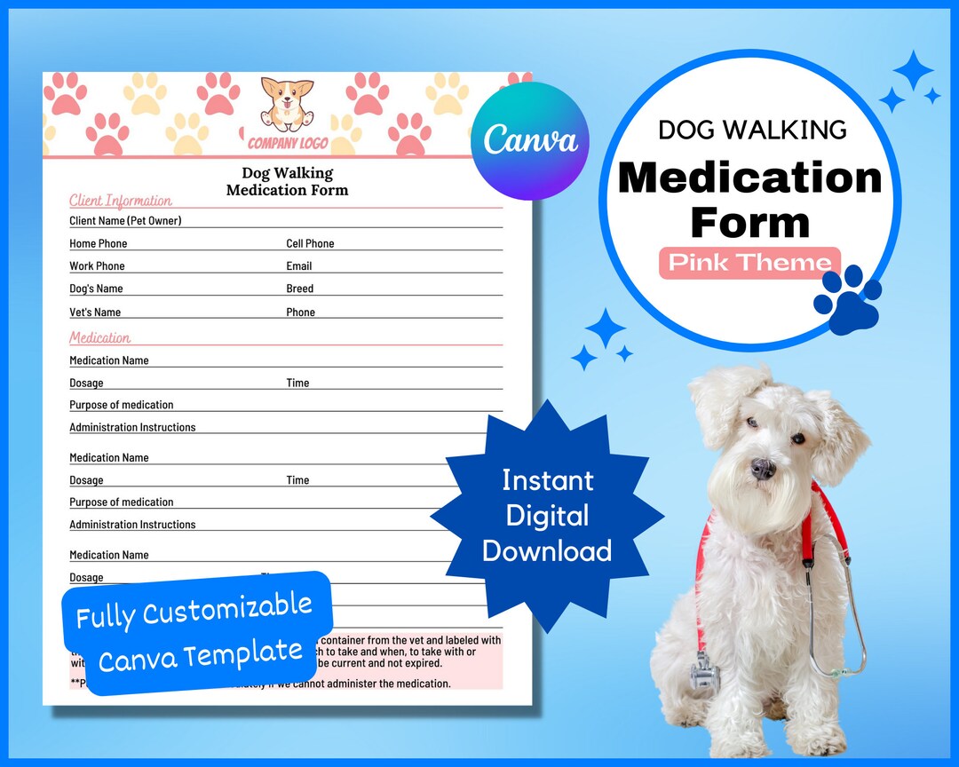 Dog Walking Medication Form Dog Walking Health Form Dog - Etsy