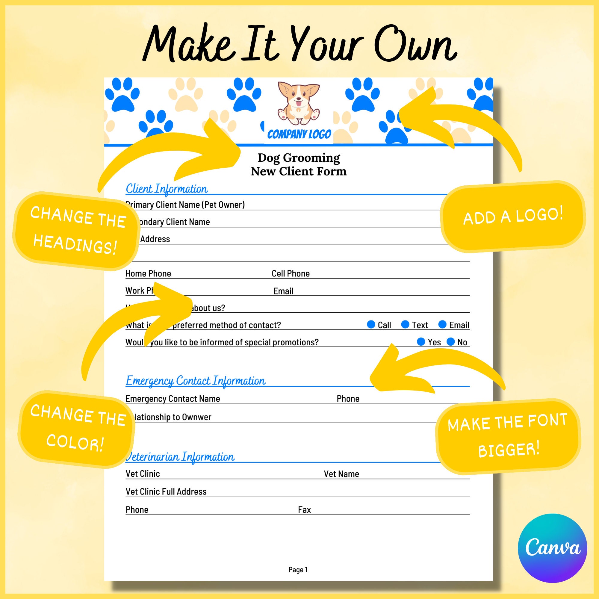 Dog Grooming New Client Form New Client Contract Consent Form Pet ...
