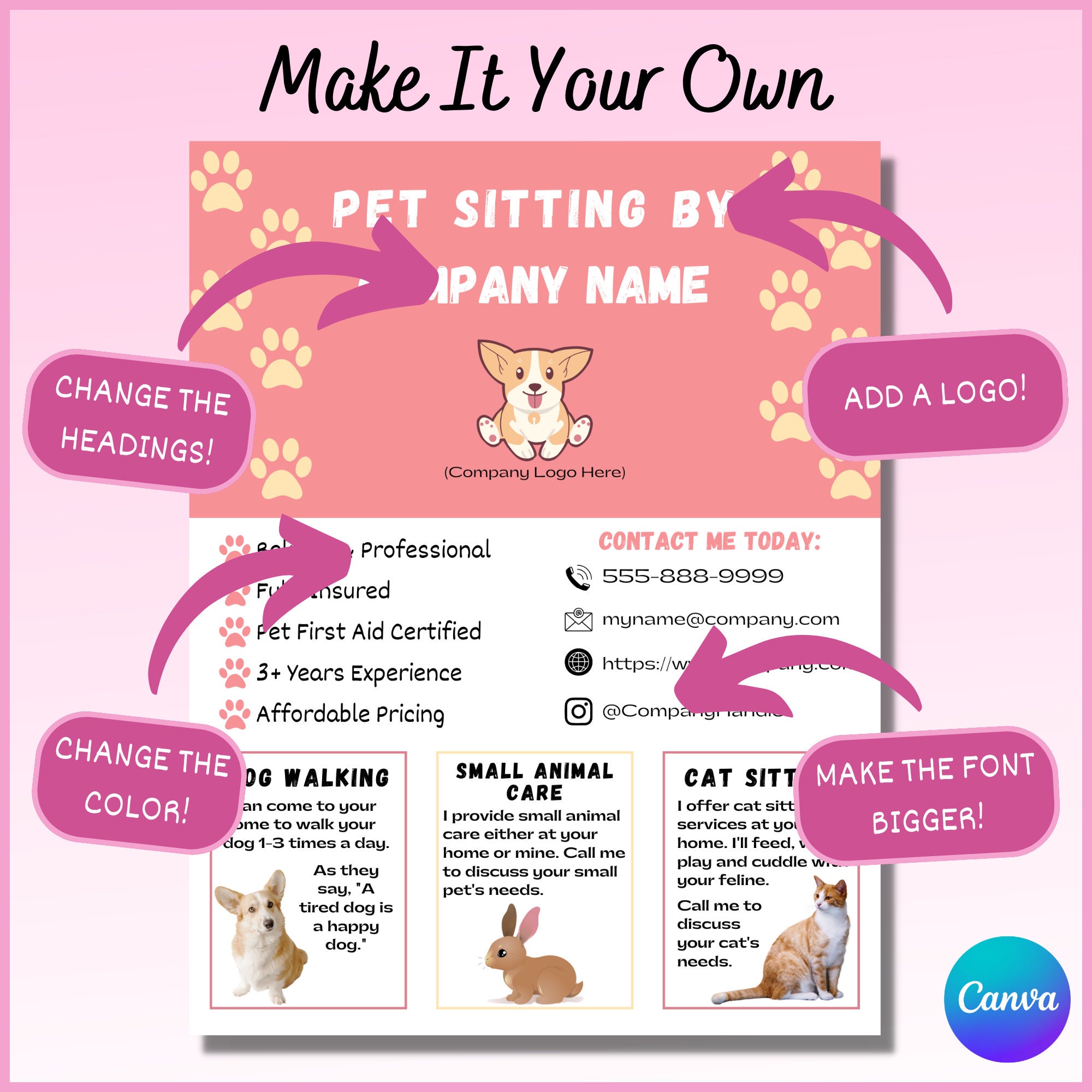 Pet Sitting Advertising Flyer Pink Dog Walking Poster Pet Sit Brochure ...
