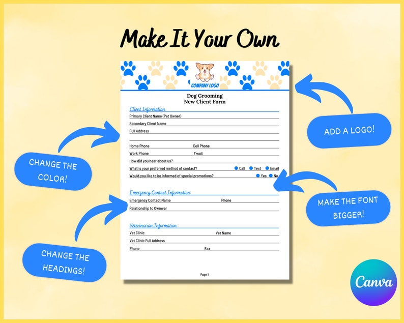 Dog Grooming New Client Form New Client Contract Consent Form Pet ...