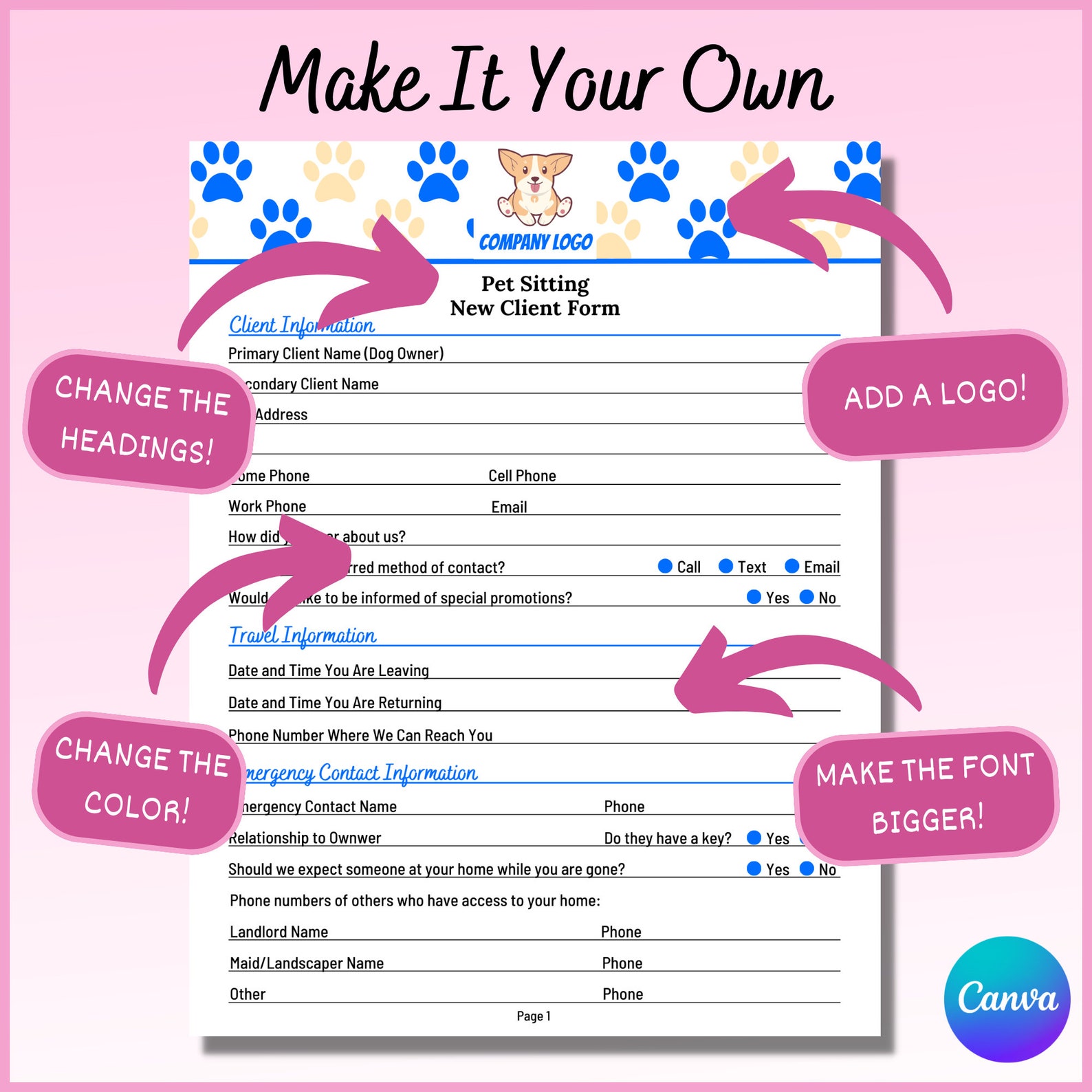 Pet Sitting New Client Form Pet Sitting Contract Dog Sitting Consent ...