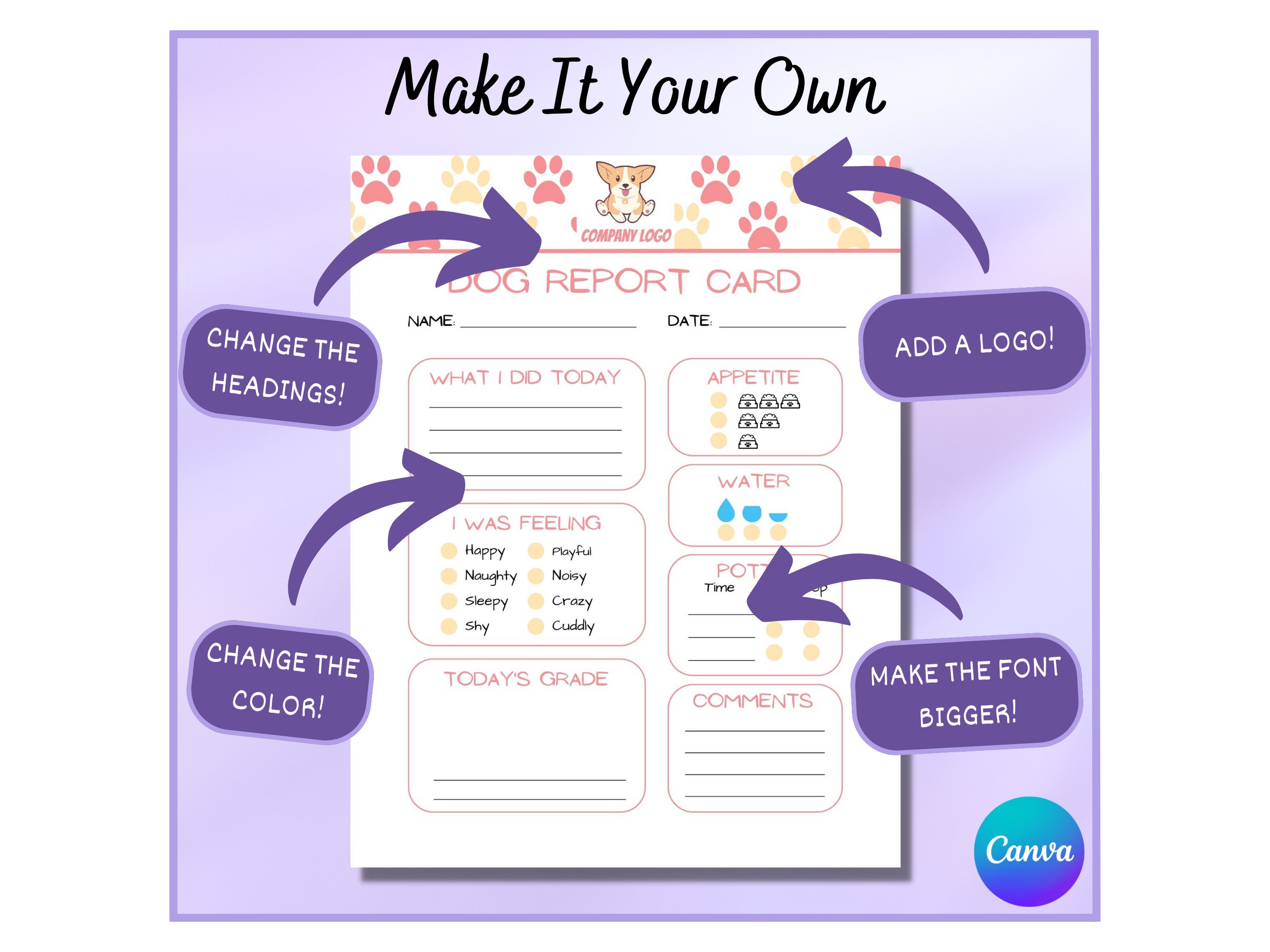 Printable Dog Report Card | Dog Daycare Forms | Pink Theme | Canva ...