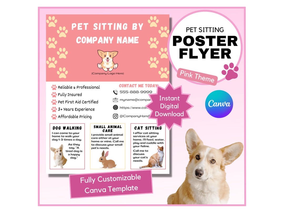 Pet Sitting Advertising Flyer | Pink Dog Walking Poster | Pet Sit ...