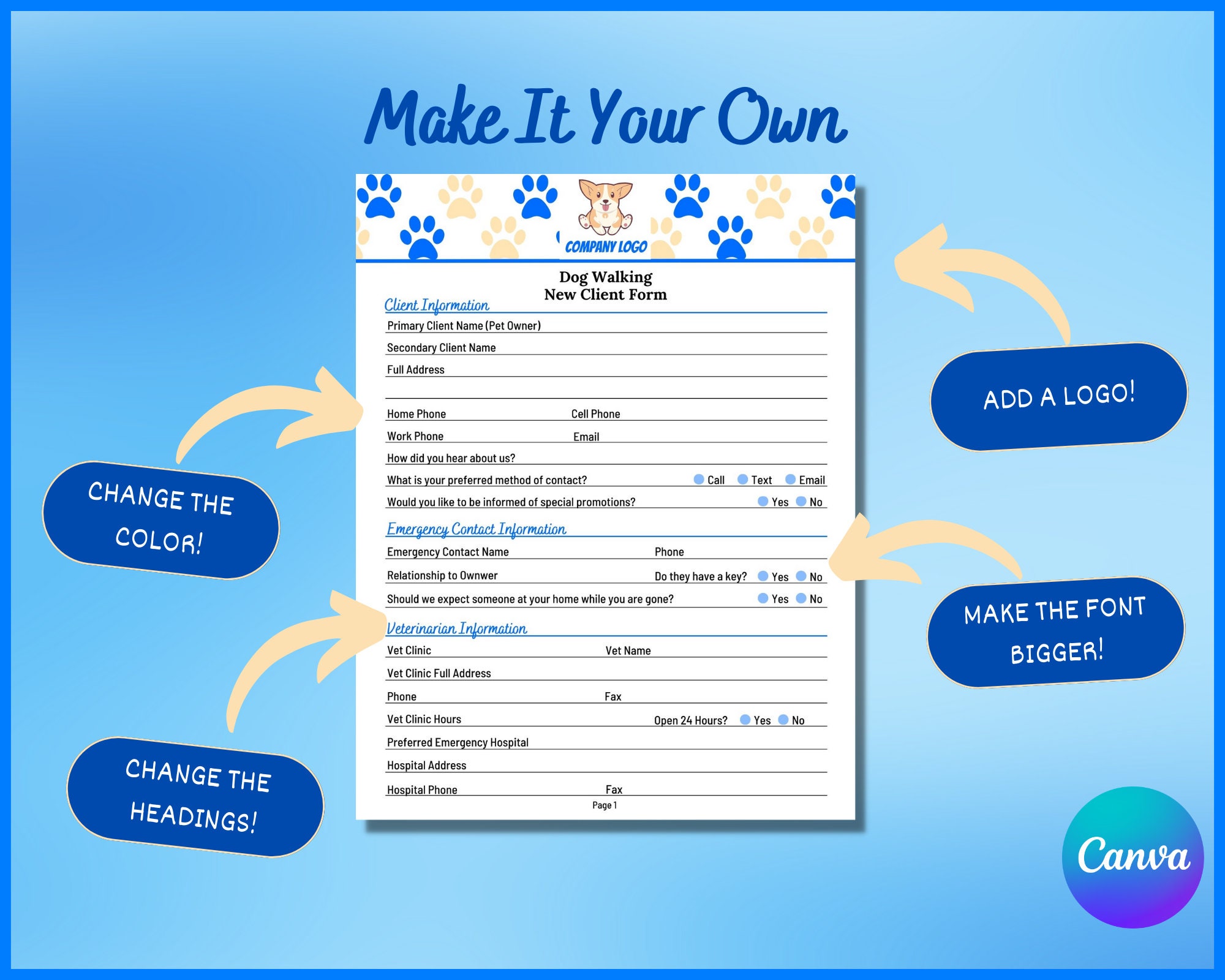 Dog Walking Contract Agreement New Client Form Canva Template Dog ...
