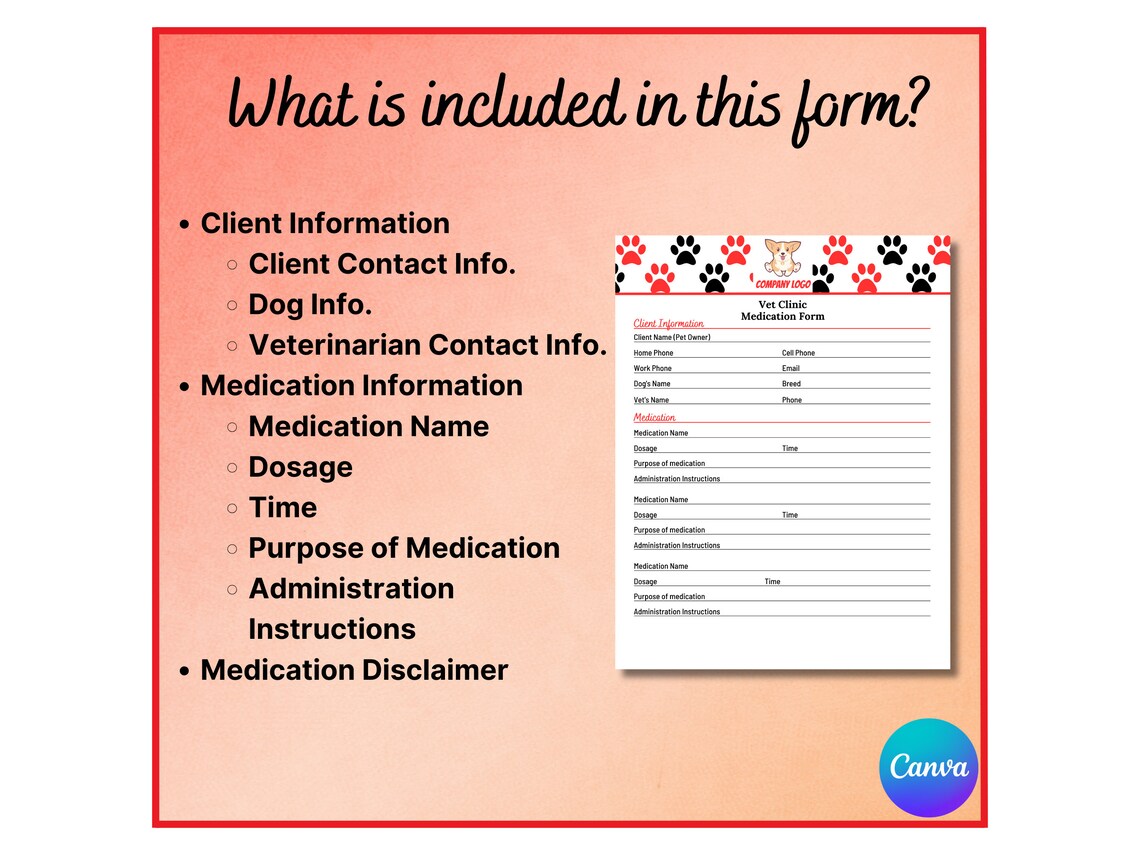 Vet Clinic Medication Form | Veterinarian Health Form | Vet Business ...