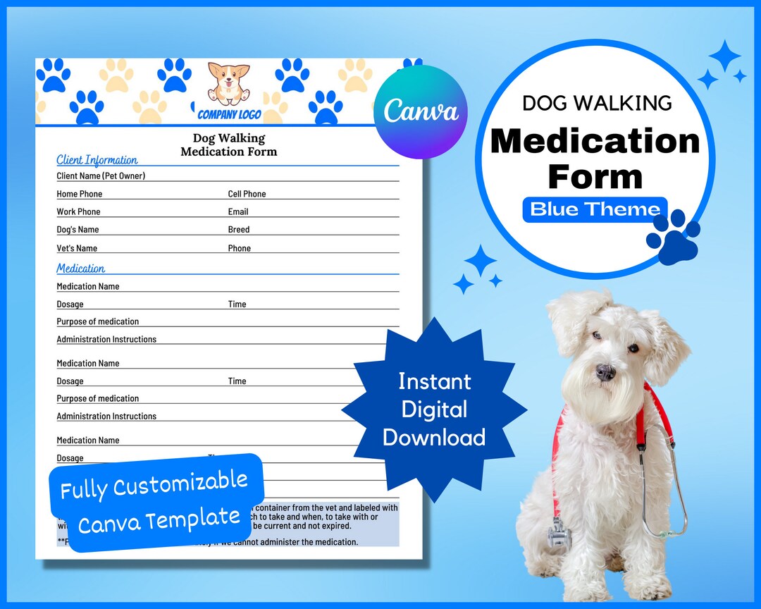 Dog Walking Medication Form Dog Walking Health Form Dog Walking Vet ...