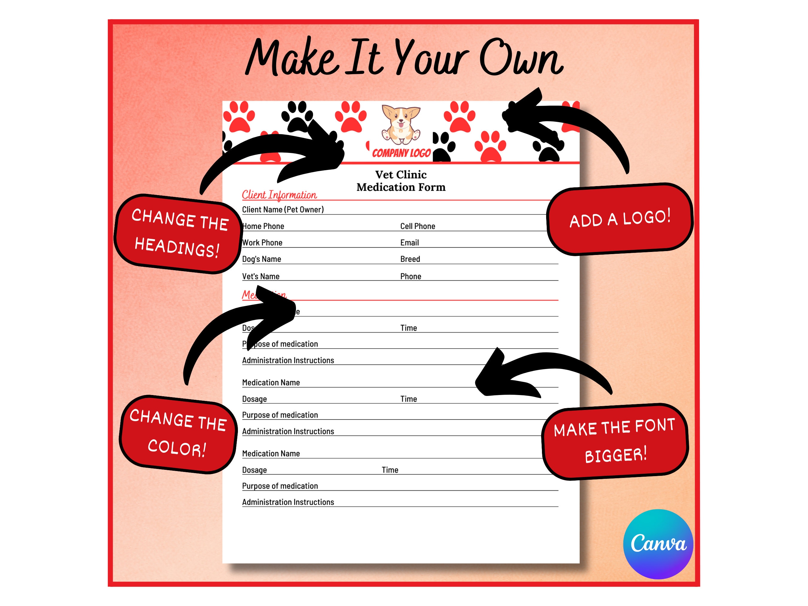 Vet Clinic Medication Form | Veterinarian Health Form | Vet Business ...