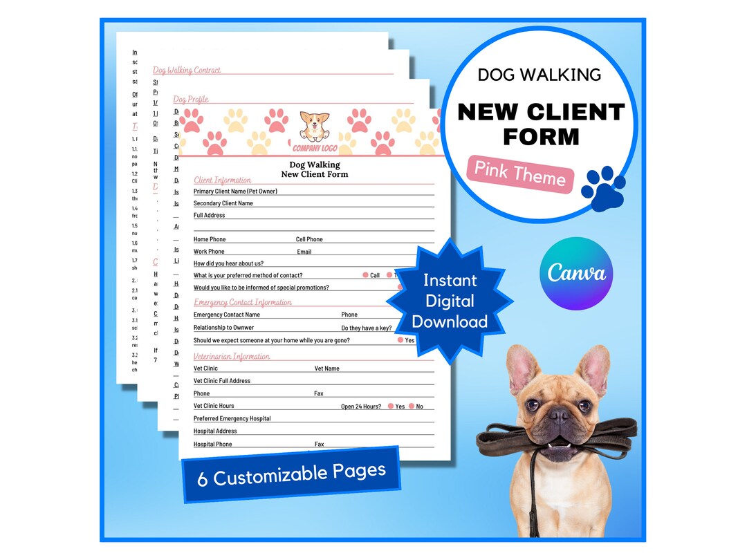Dog Walking Contract Agreement New Client Form Canva Template Dog ...
