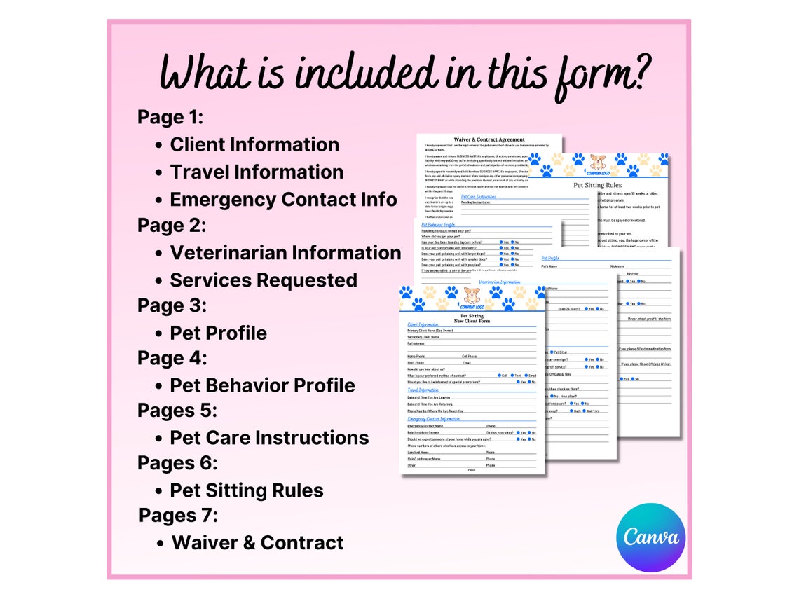 Pet Sitting New Client Form | Pet Sitting Contract | Dog Sitting ...