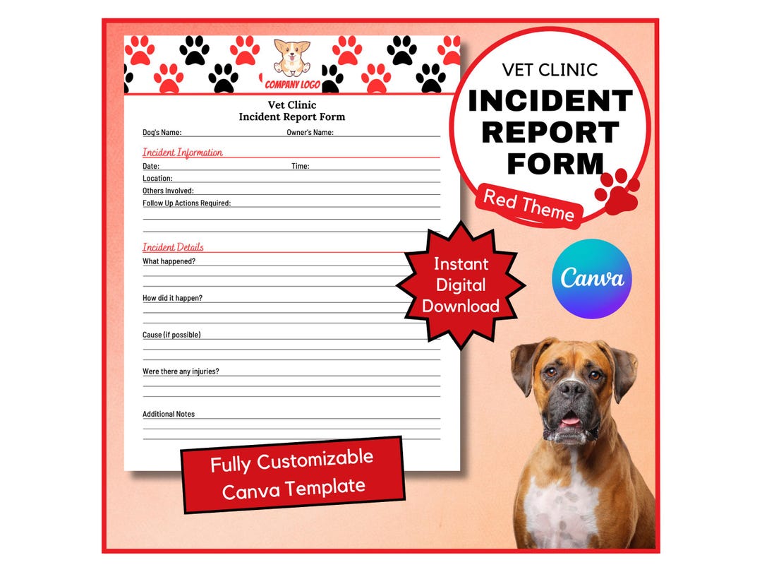 Vet Clinic Incident Report Form | Vet Clinic Accident Form | Dog Bite ...