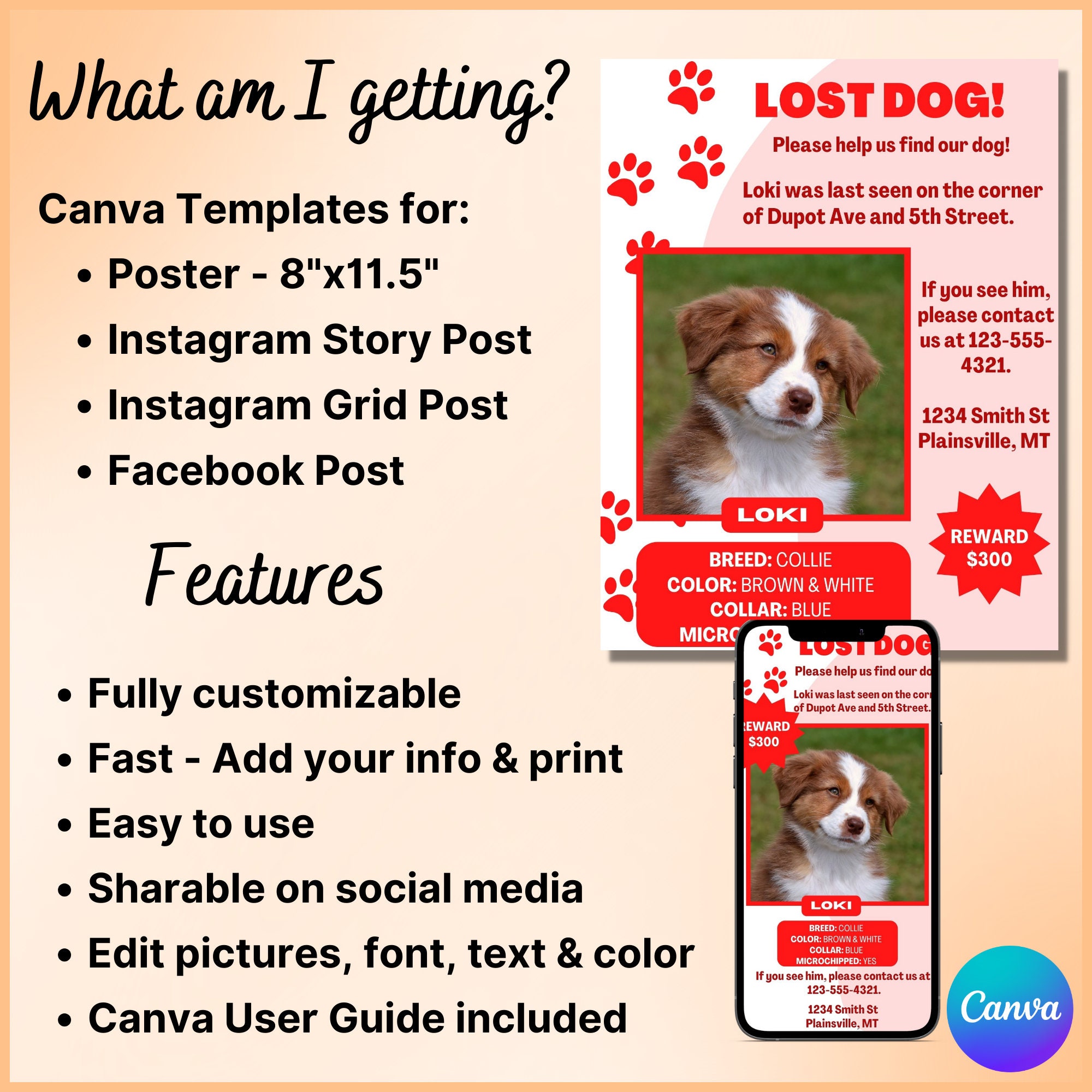 Lost Dog Poster Missing Dog Poster Canva Templates Lost Dog Template ...