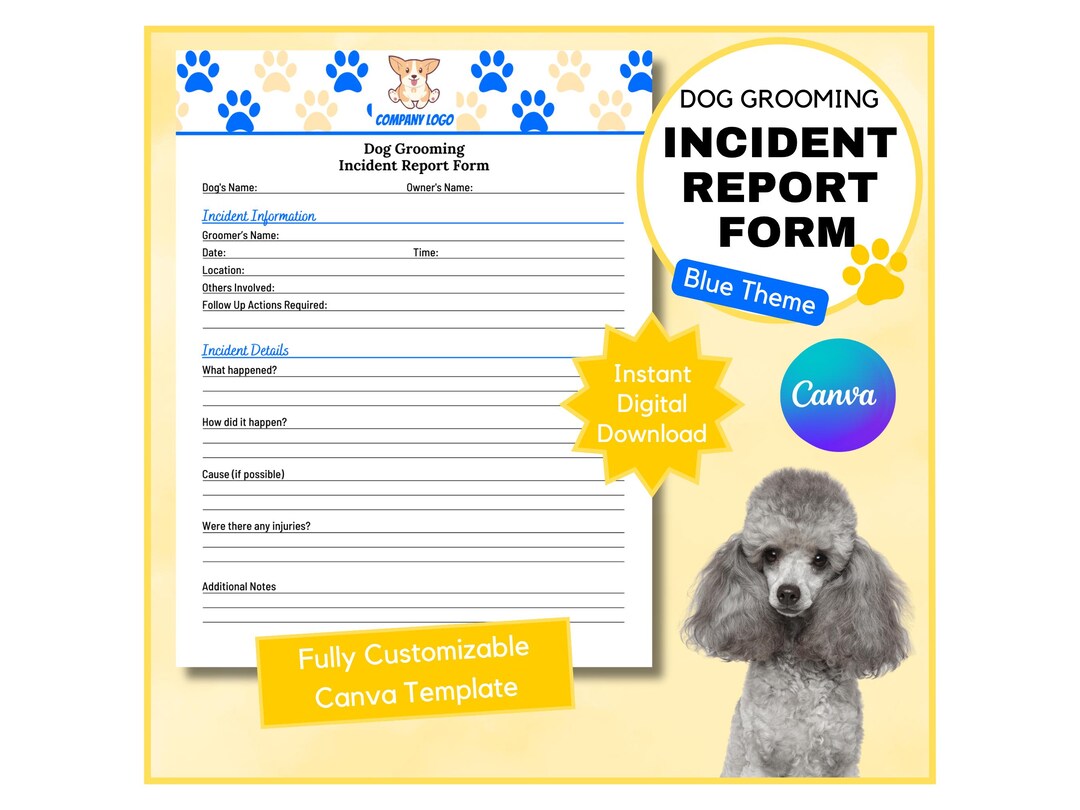 Dog Grooming Incident Report Form: Accident & Dog Bite Report for Dog ...
