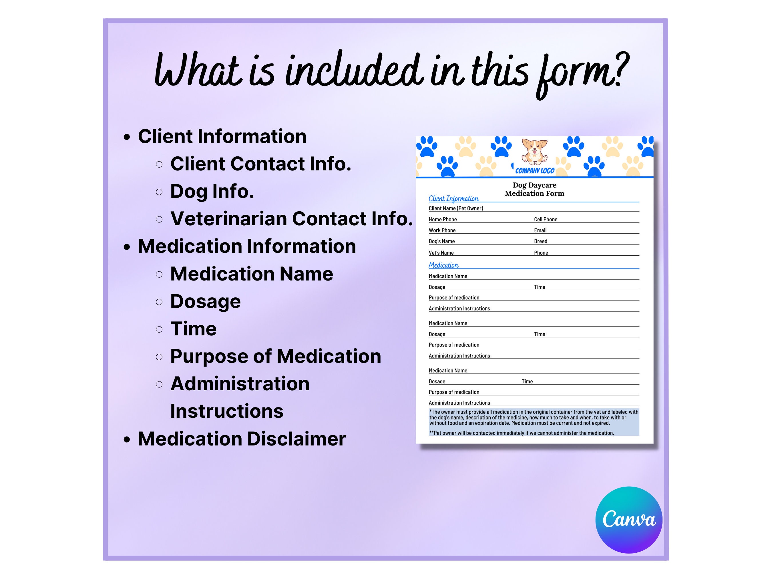 Dog Daycare Medication Form | Doggy Daycare Health Form | Dog Daycare ...