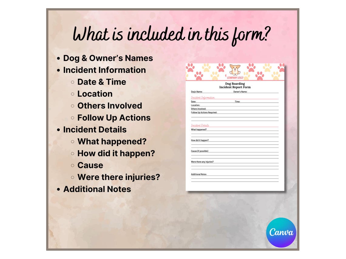 Dog Boarding Incident Report Form: Accident & Dog Bite Report for Pet ...