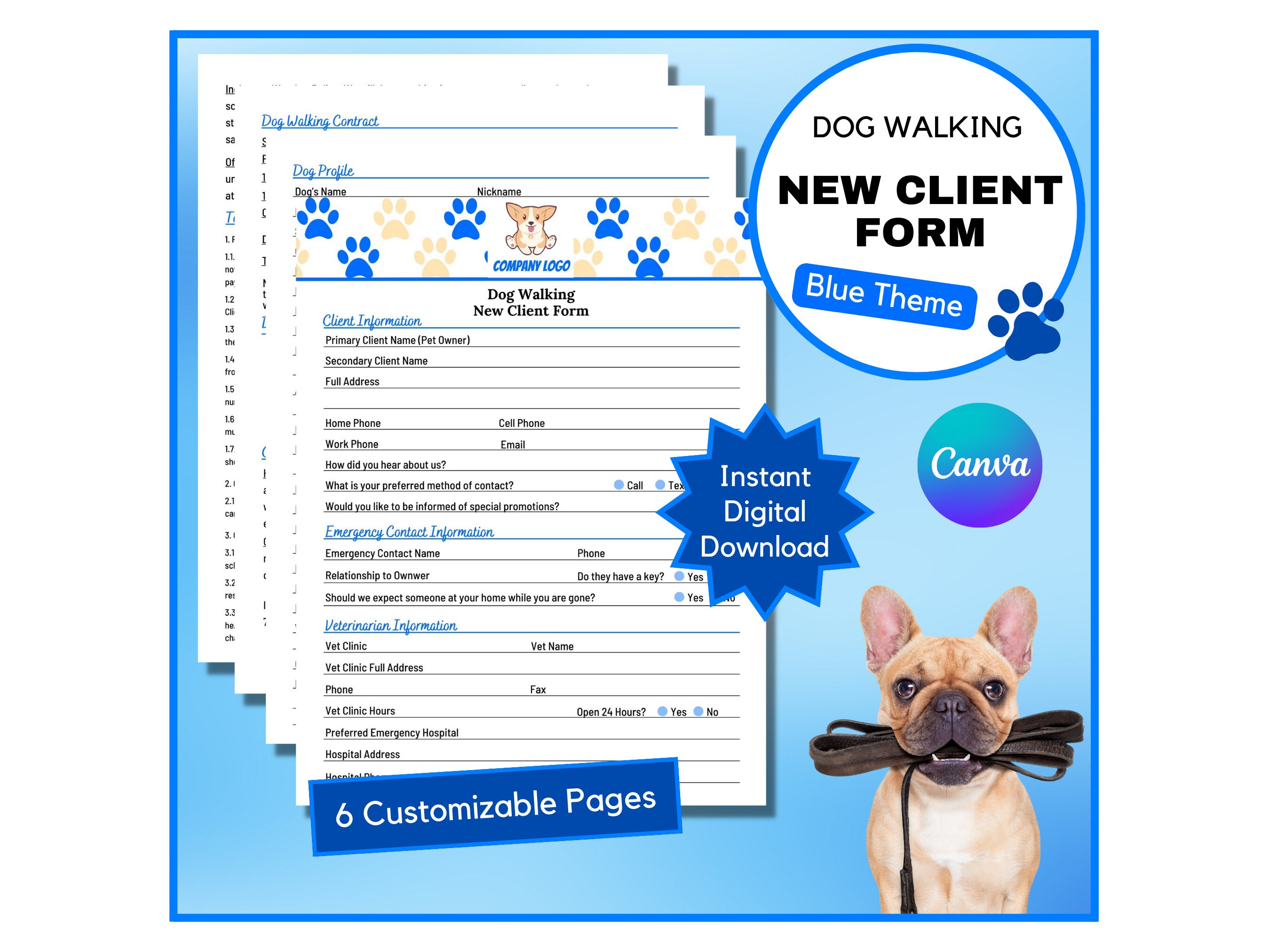 Dog Walking Contract Agreement New Client Form Canva Template Dog ...