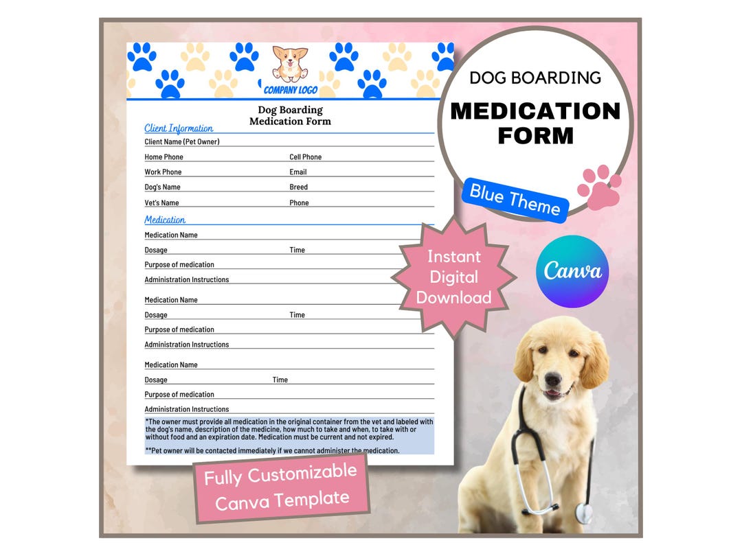 Dog Boarding Medication Form | Dog Boarding Health Form | Dog Boarding ...