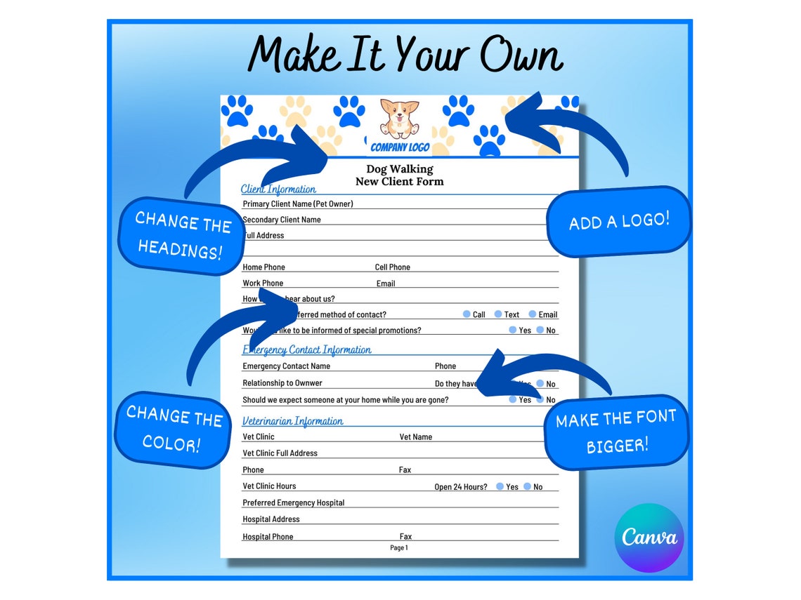 Dog Walking Contract Agreement | New Client Form | Canva Template | Dog ...