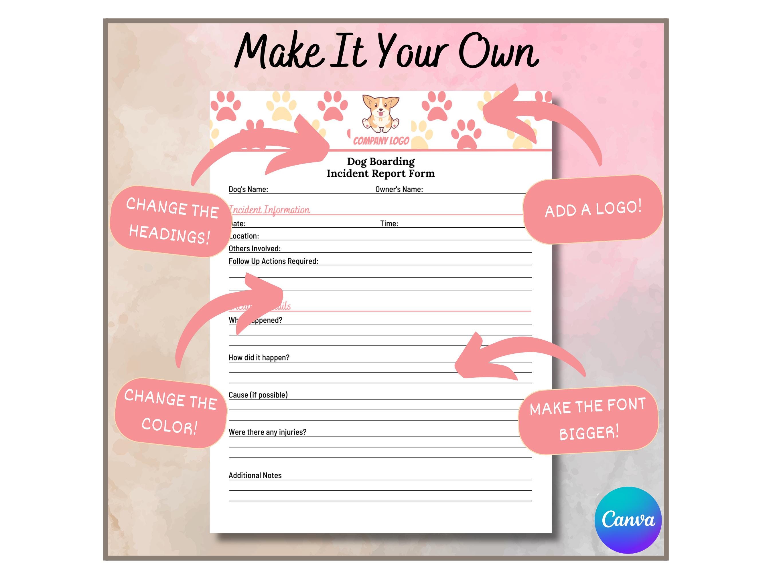 Dog Boarding Incident Report Form: Accident & Dog Bite Report for Pet ...