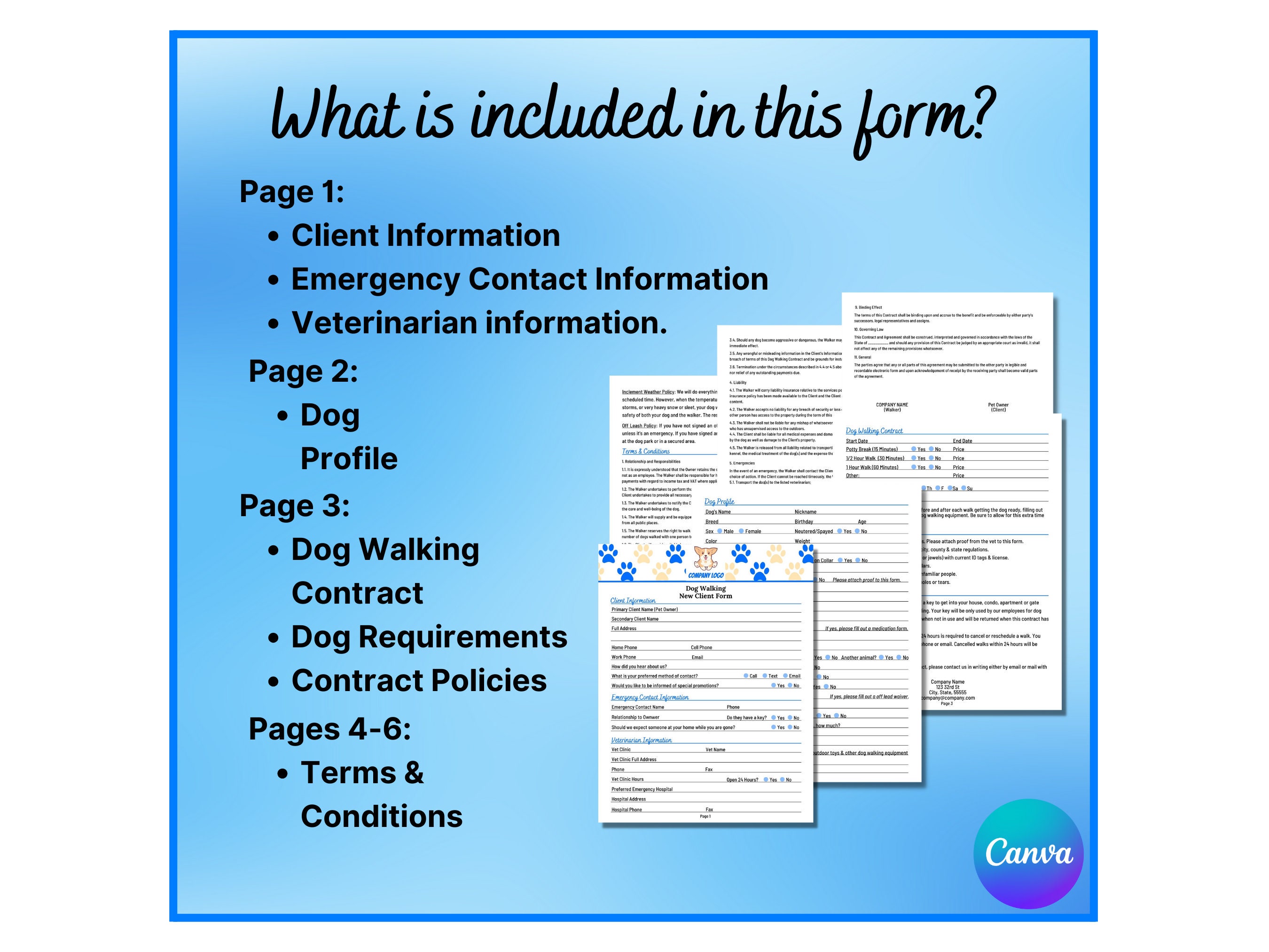 Dog Walking Contract Agreement | New Client Form | Canva Template | Dog ...