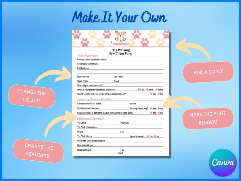 Dog Walking Contract Agreement New Client Form Canva - Etsy