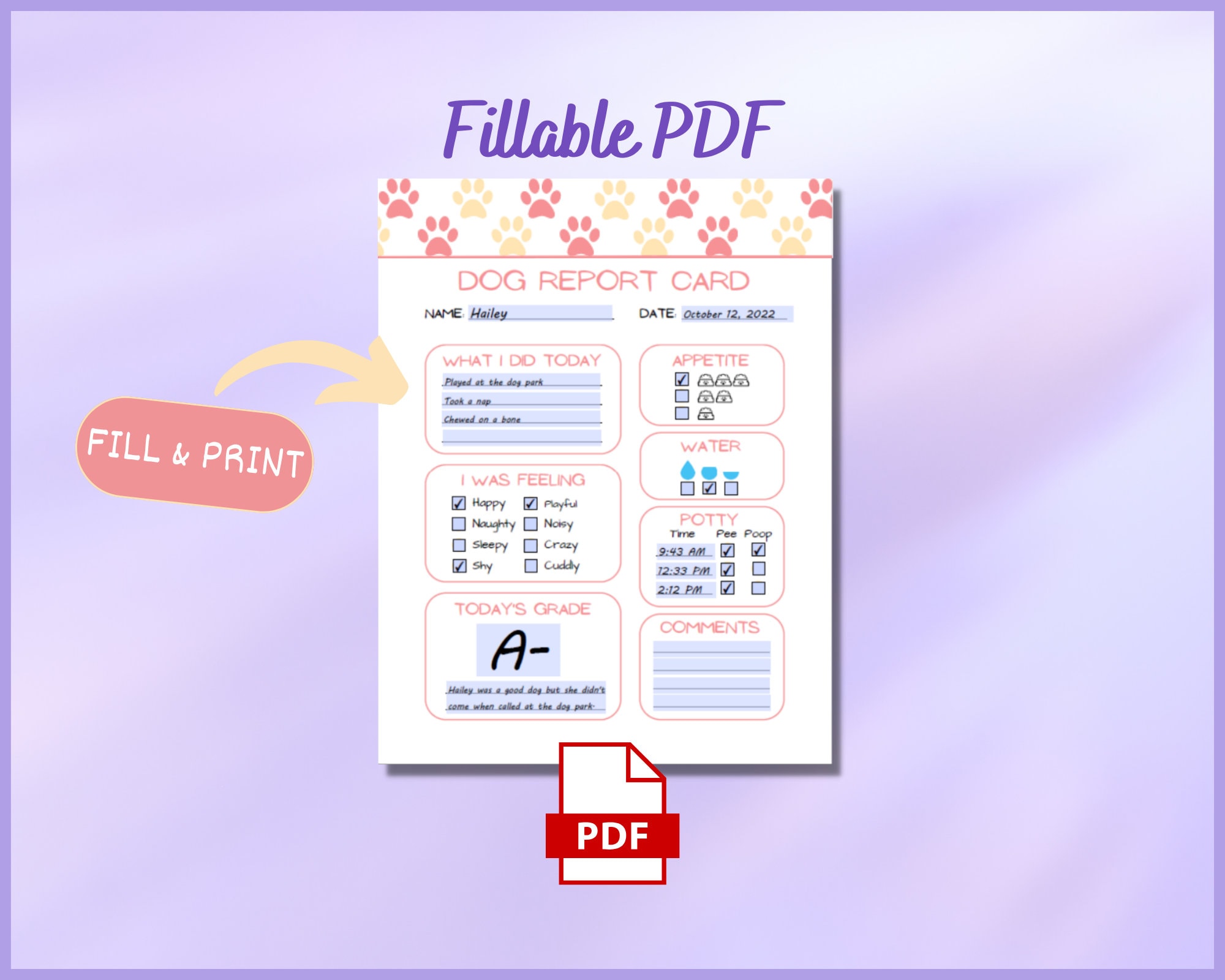 Printable Dog Report Card Dog Daycare Forms Pet Sitting Forms Canva ...