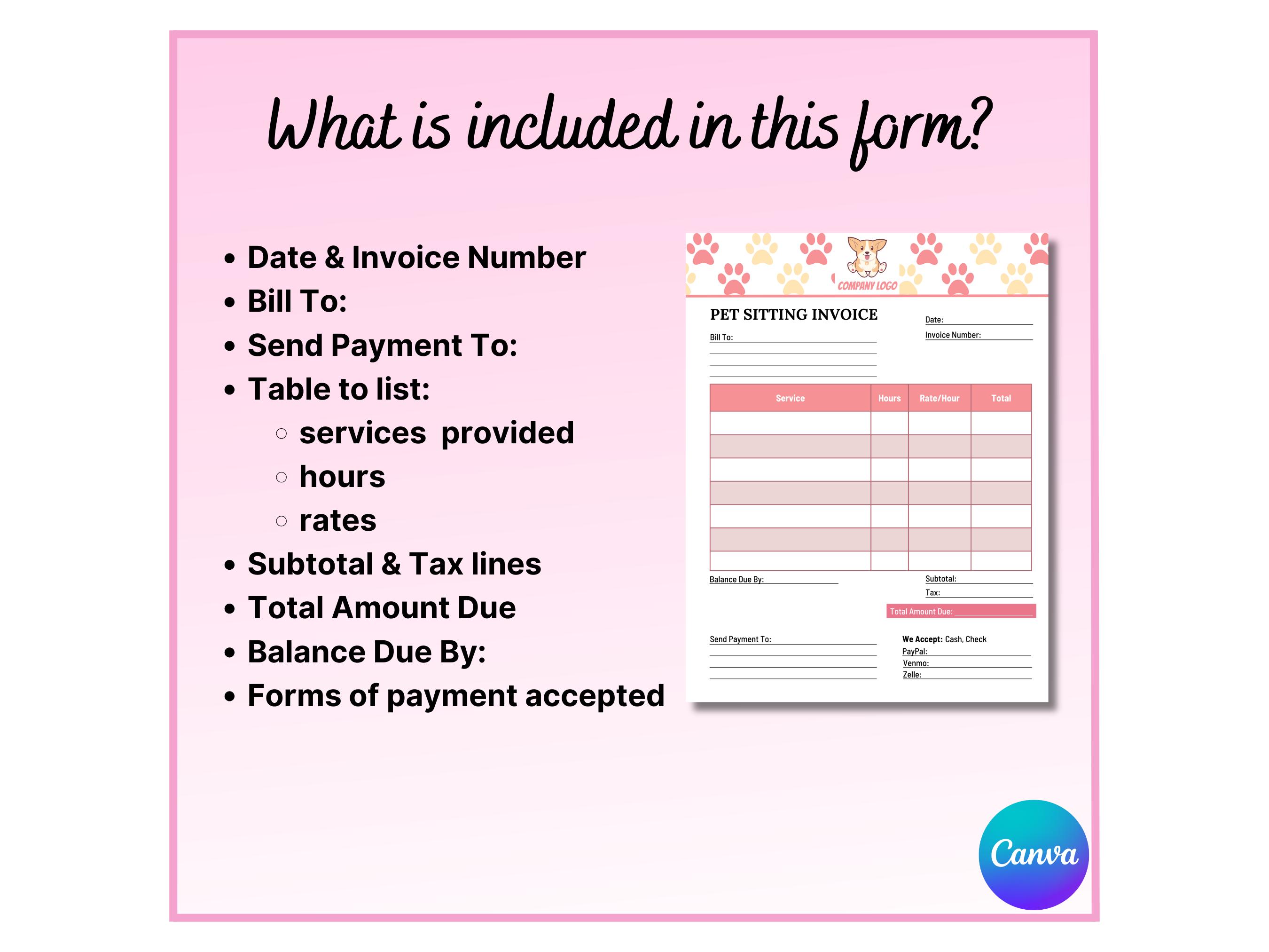 Pet Sitting Invoice Form | Pet Sitting Invoice Template | Dog Sitting ...