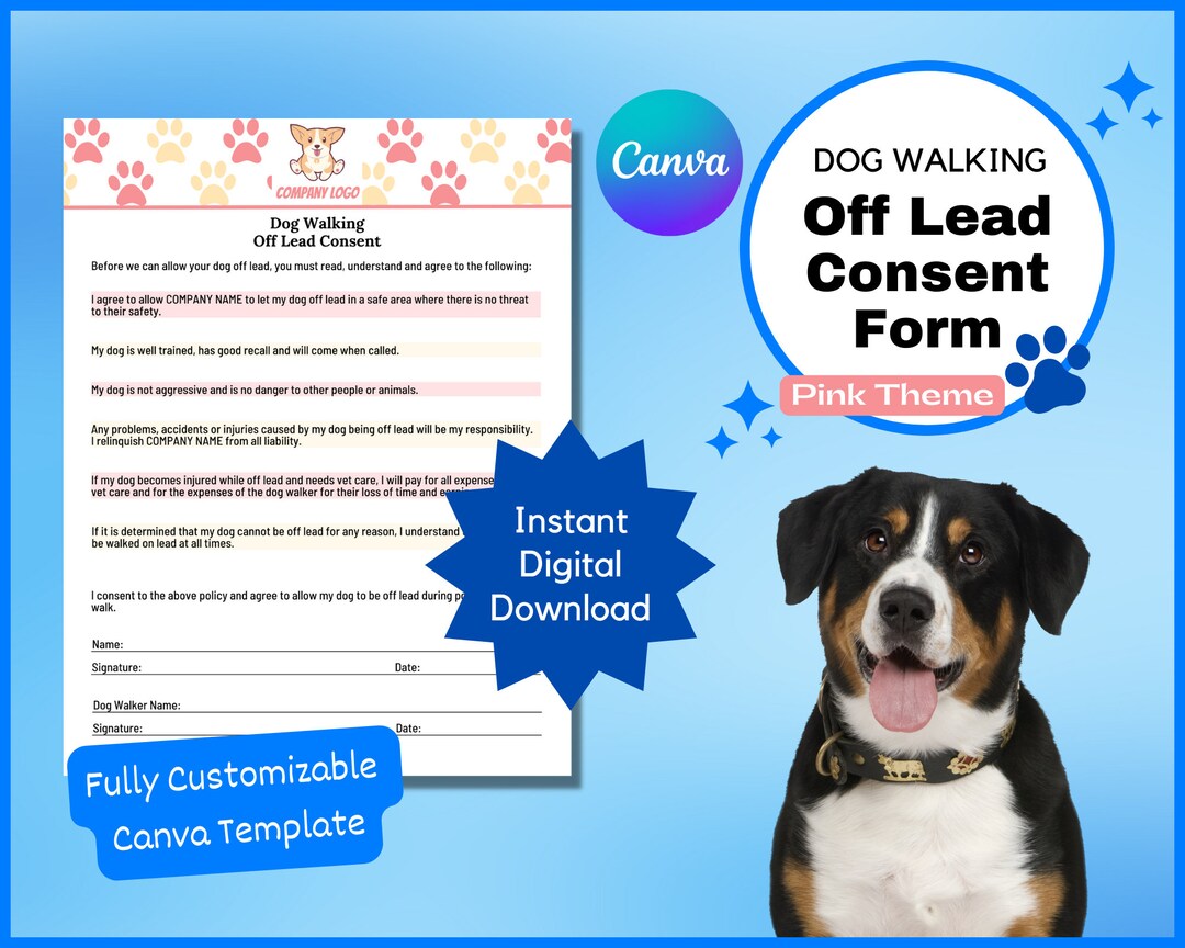 Dog Walking Off-lead Consent Form Dog Walking off Lead Waiver Dog ...