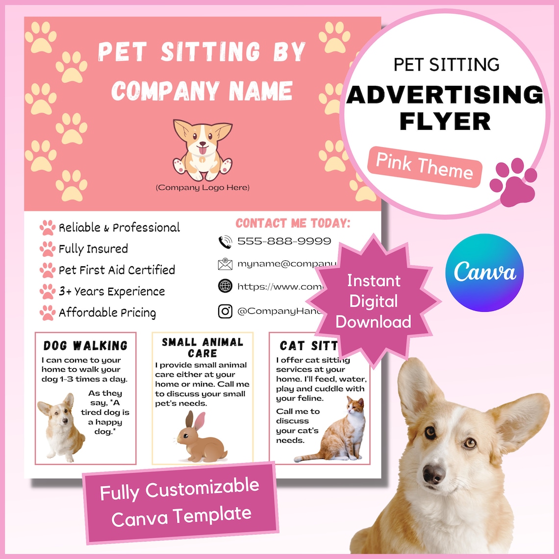 Pet Sitting Advertising Flyer Pink Dog Walking Poster Pet Sit Brochure ...