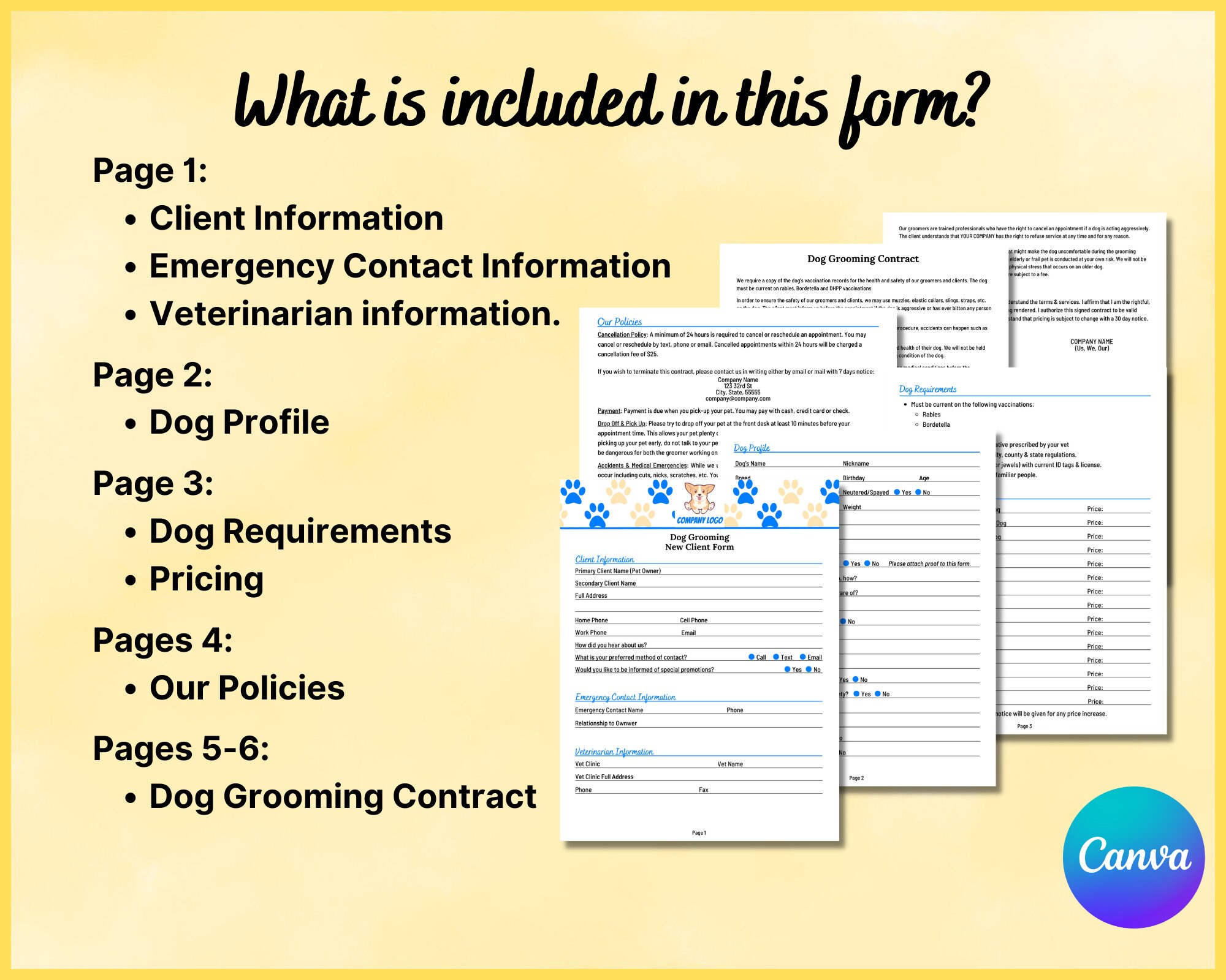Dog Grooming New Client Form New Client Contract Consent Form Pet ...