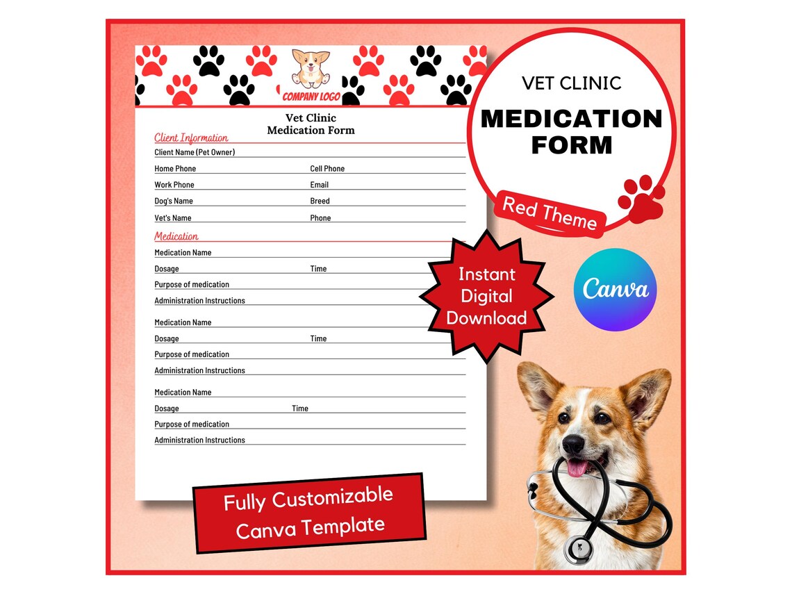 Vet Clinic Medication Form | Veterinarian Health Form | Vet Business ...