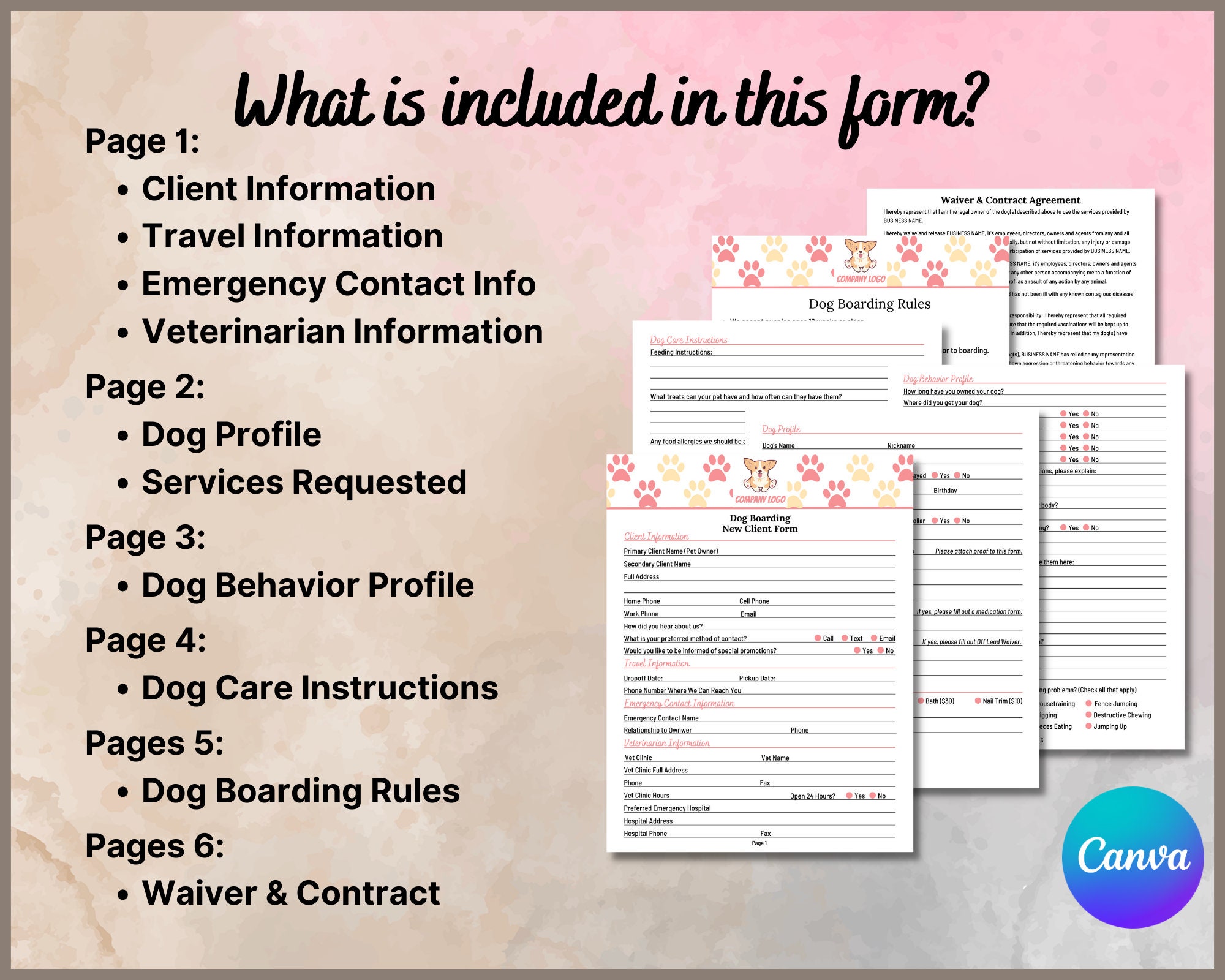 Dog Boarding New Client Form Dog Hotel New Client Contract - Etsy