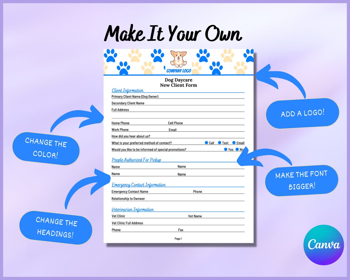 Dog Daycare New Client Form Doggy Daycare New Client - Etsy