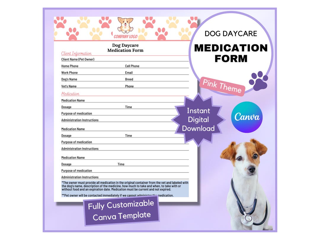 Dog Daycare Medication Form | Doggy Daycare Health Form | Dog Daycare ...