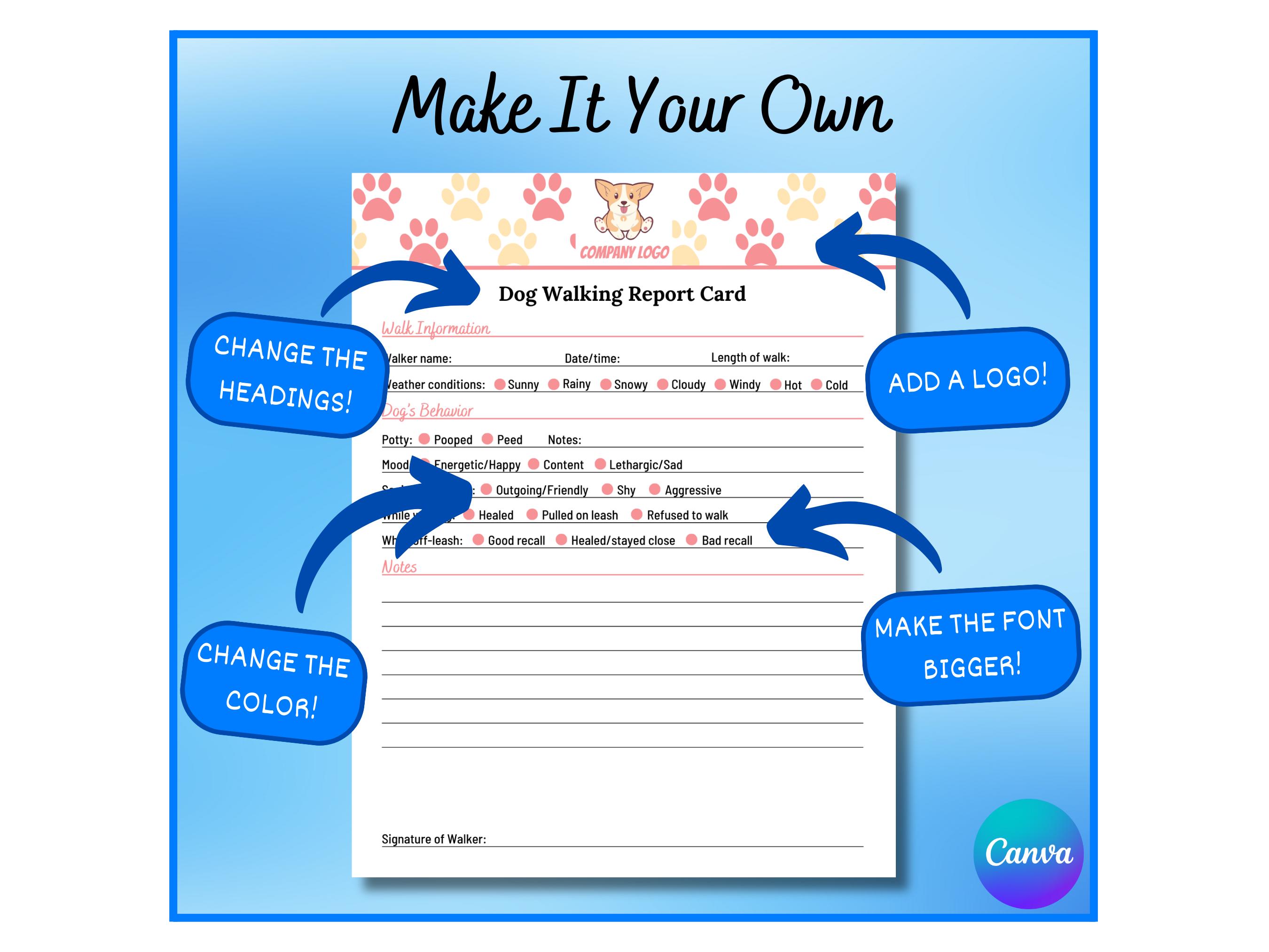 Dog Walking Report Card: End of Walk Summary for Dog Walker Business ...