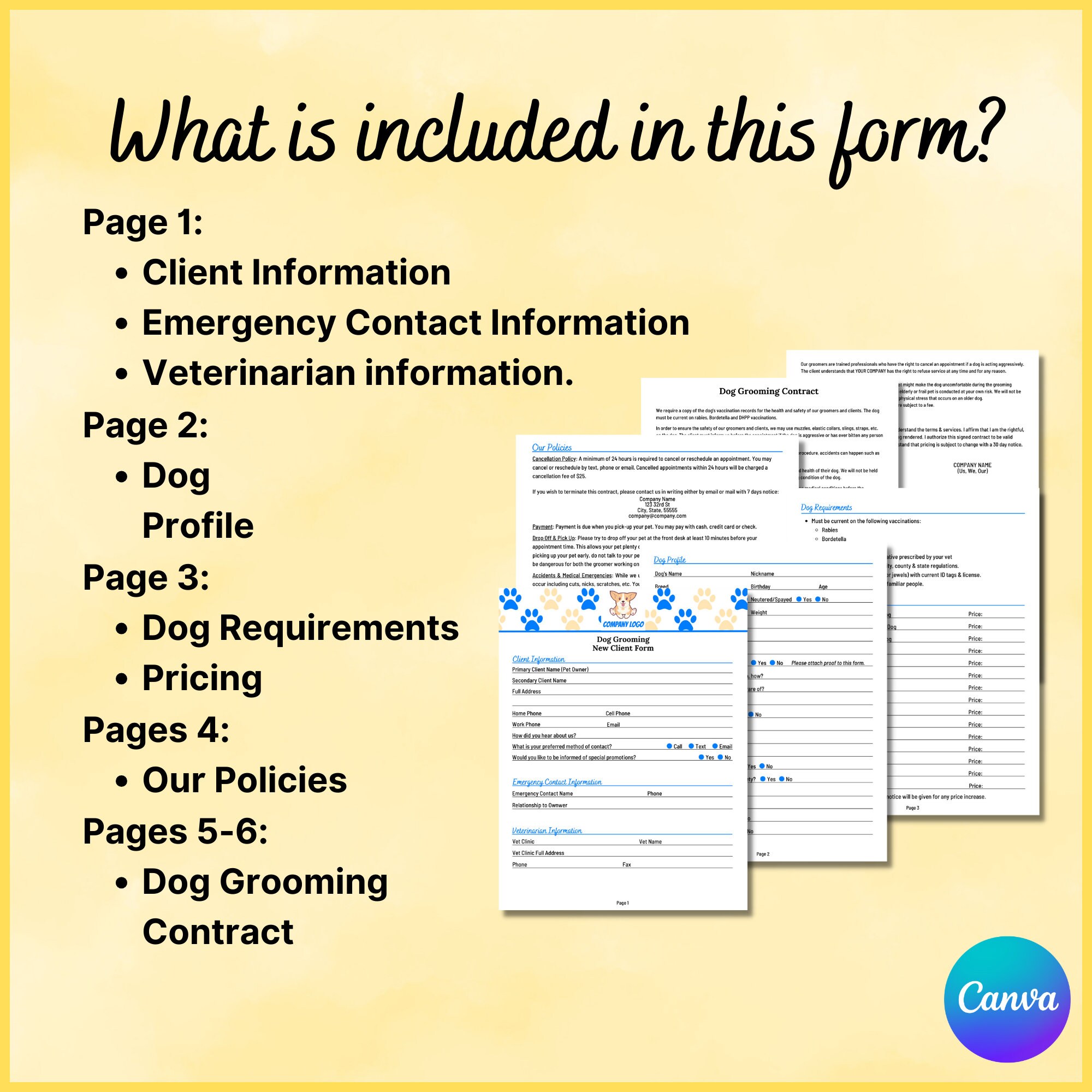 Dog Grooming New Client Form New Client Contract Consent Form Pet ...