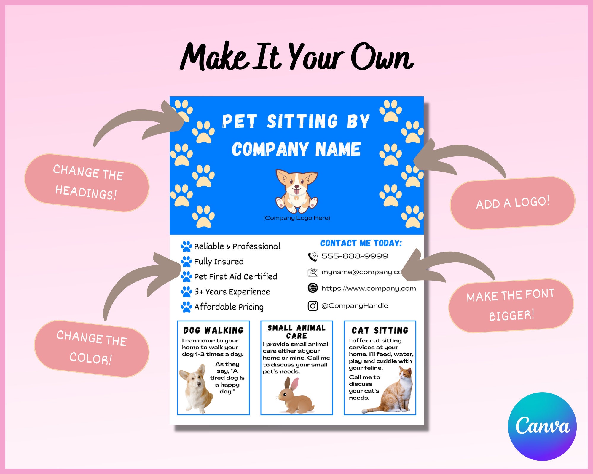Pet Sitting Advertising Flyer Blue Dog Walking Poster Pet Sit Brochure ...