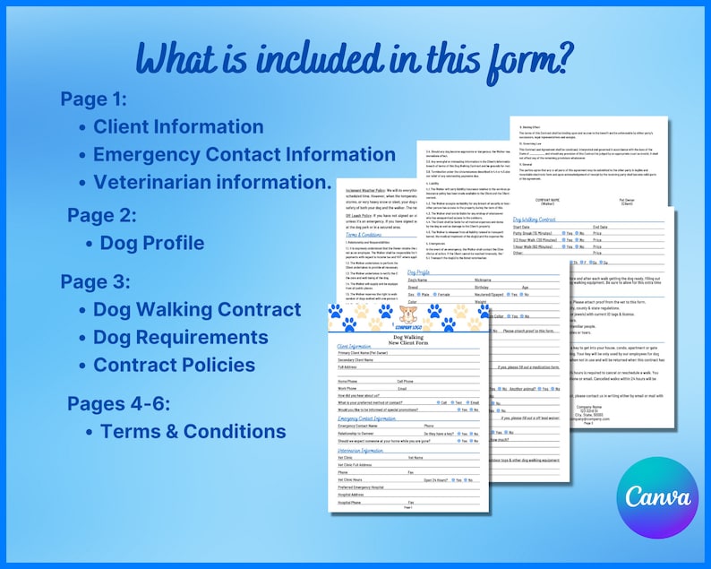 Dog Walking Contract Agreement New Client Form Canva Template Dog ...