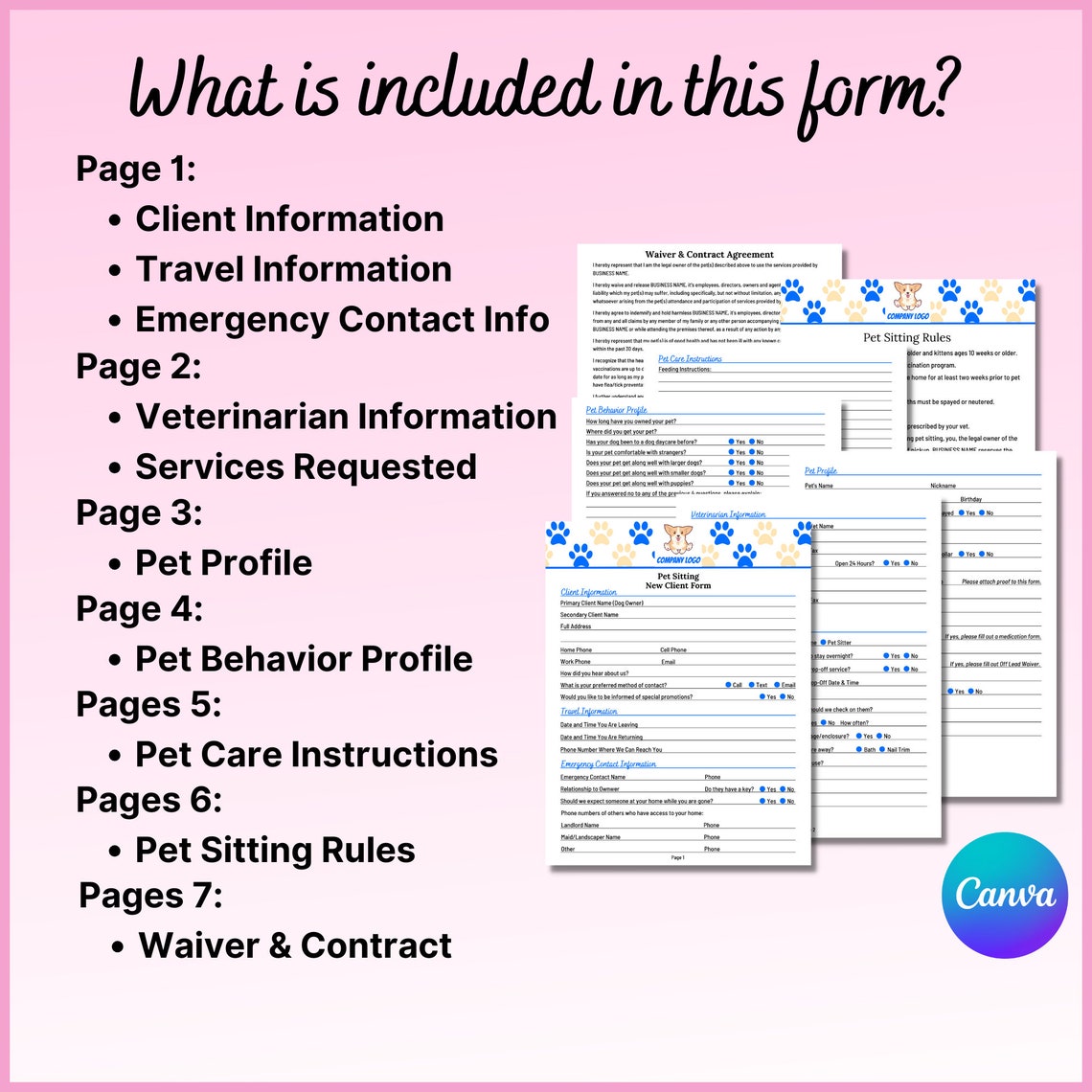 Pet Sitting New Client Form Pet Sitting Contract Dog Sitting Consent ...