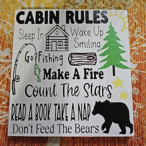 Cabin Rules Wooden Sign – Rustic Cabin Decor, Lodge Wall Art, Cozy ...