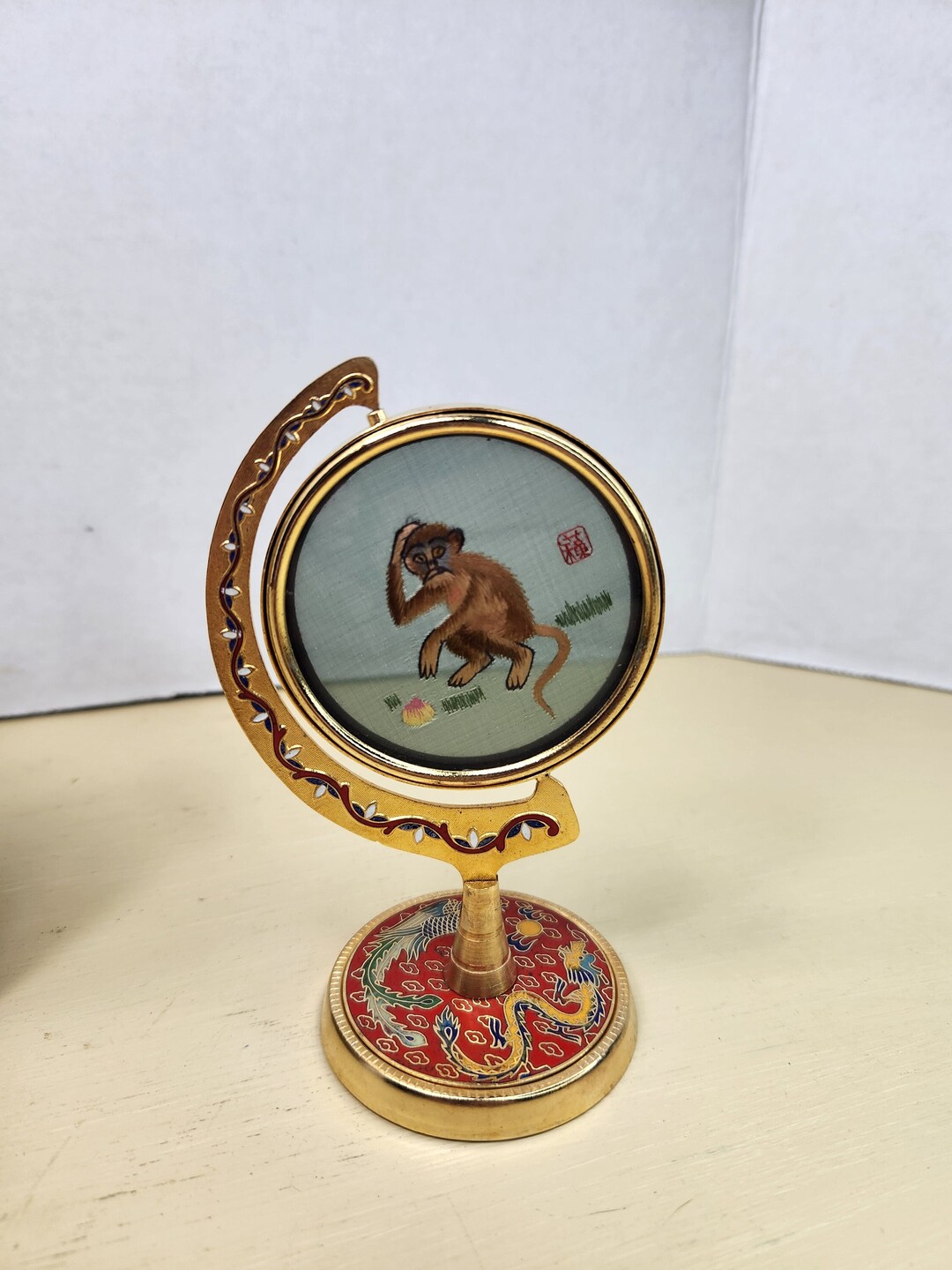 Vintage Suzhou Embroidered Silk Rotating Monkey Cloisonné Stand With ...