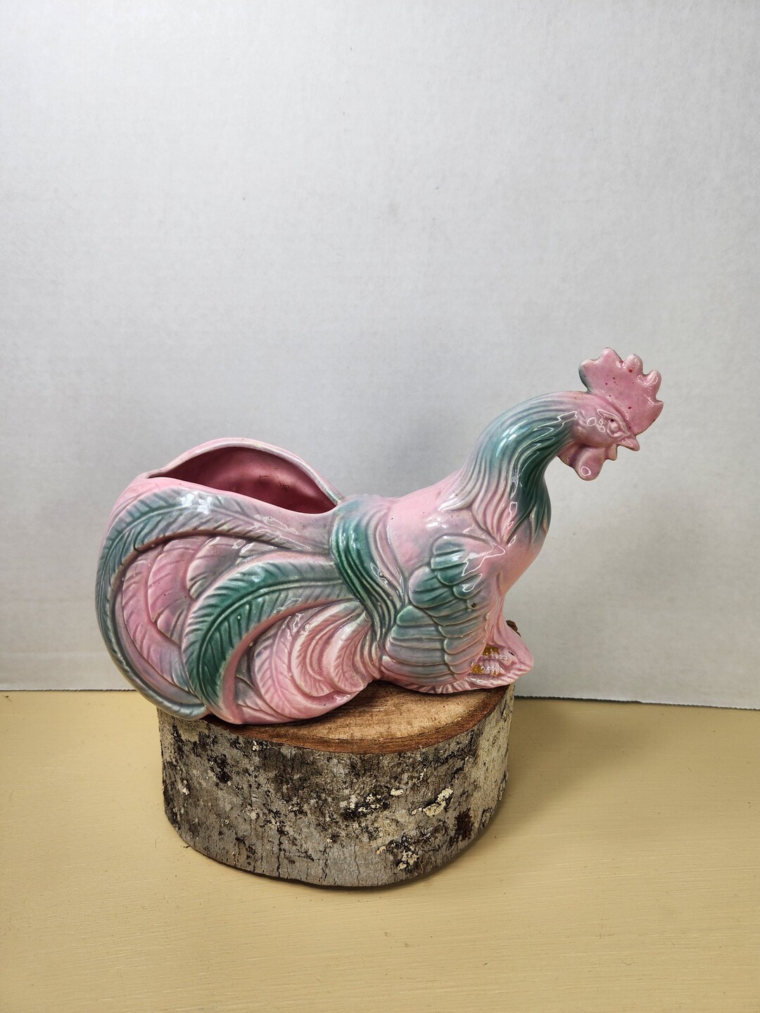 Vintage Pink & Green Rooster Planter - Etsy