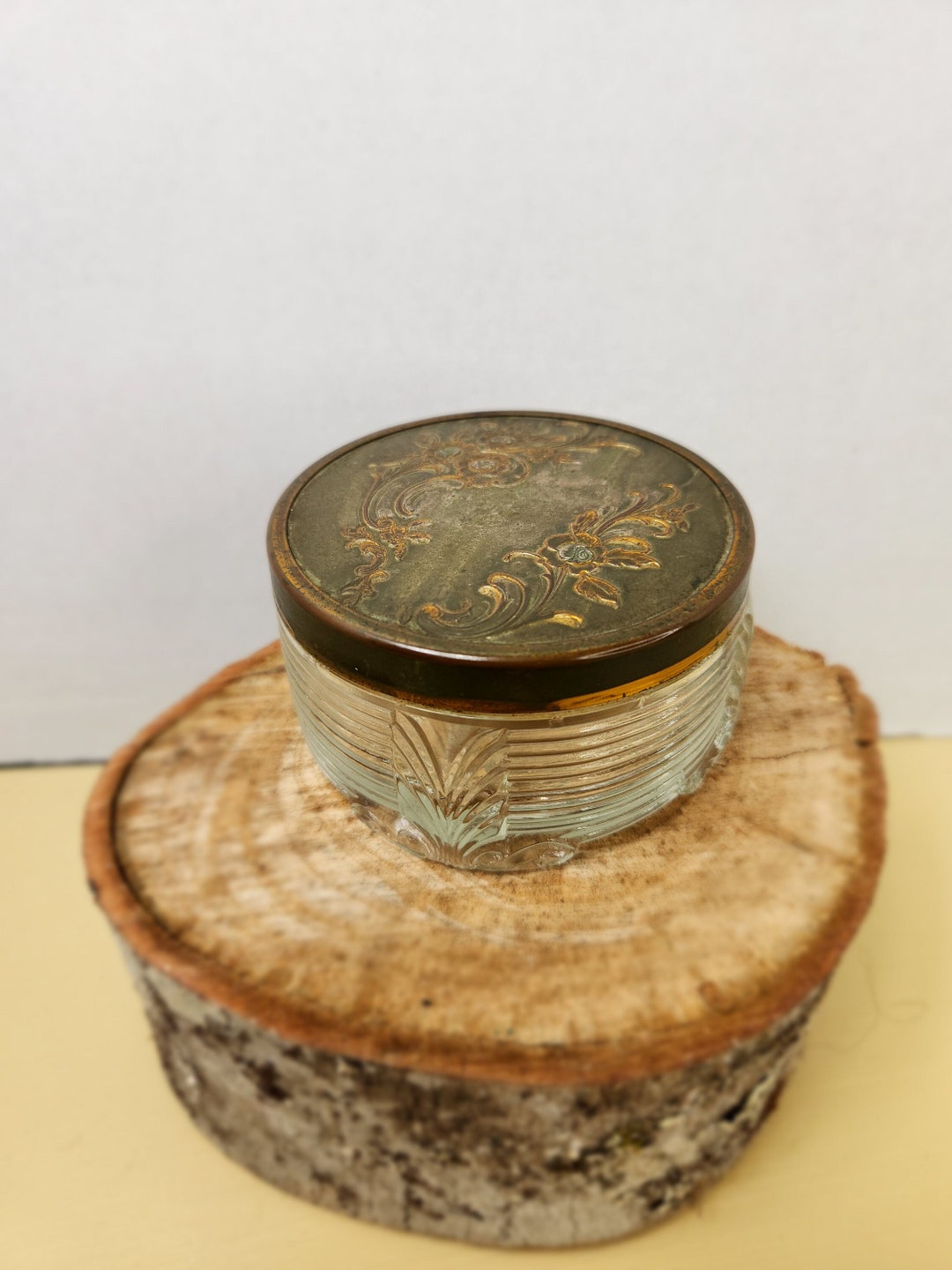 Vintage Art Deco Glass Round Powder Box With Bronzy-gold Tone Lid - Etsy