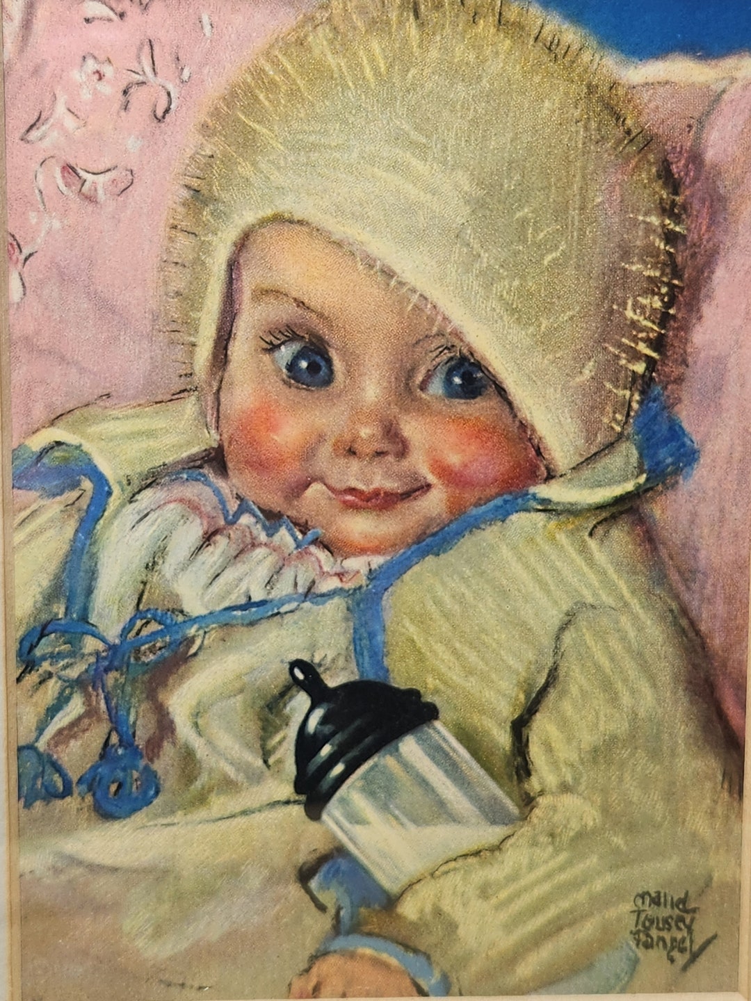 Vintage Framed Maud Tousey Fangel Baby in Yellow Bonnet With Bottle - Etsy