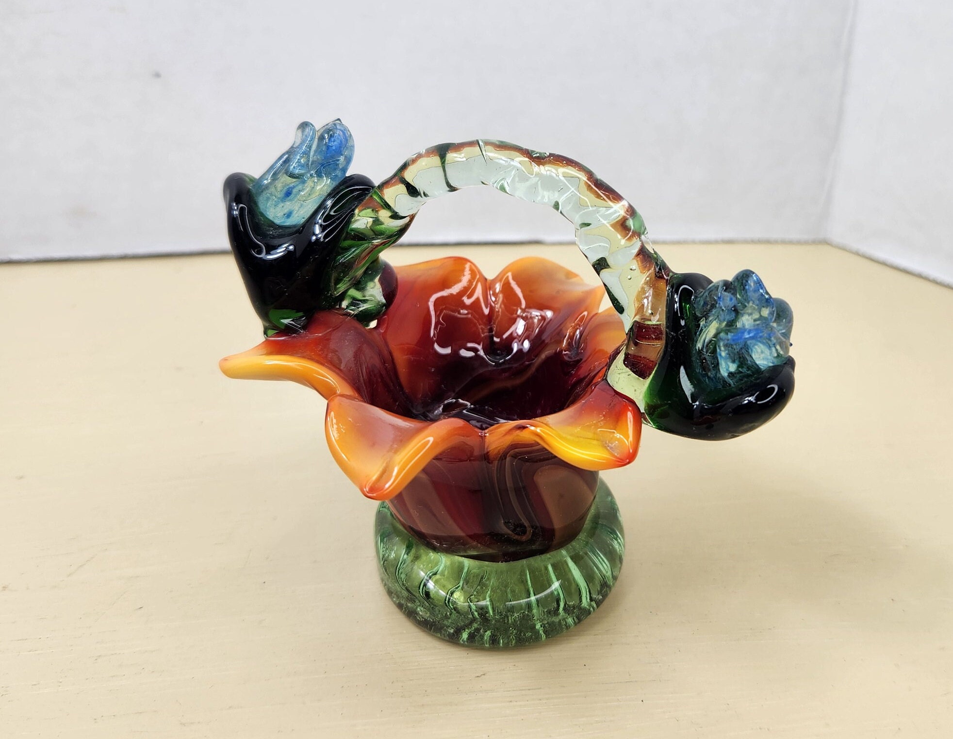 Vintage Burnt Orange Glass Basket With Blue Tulips - Etsy