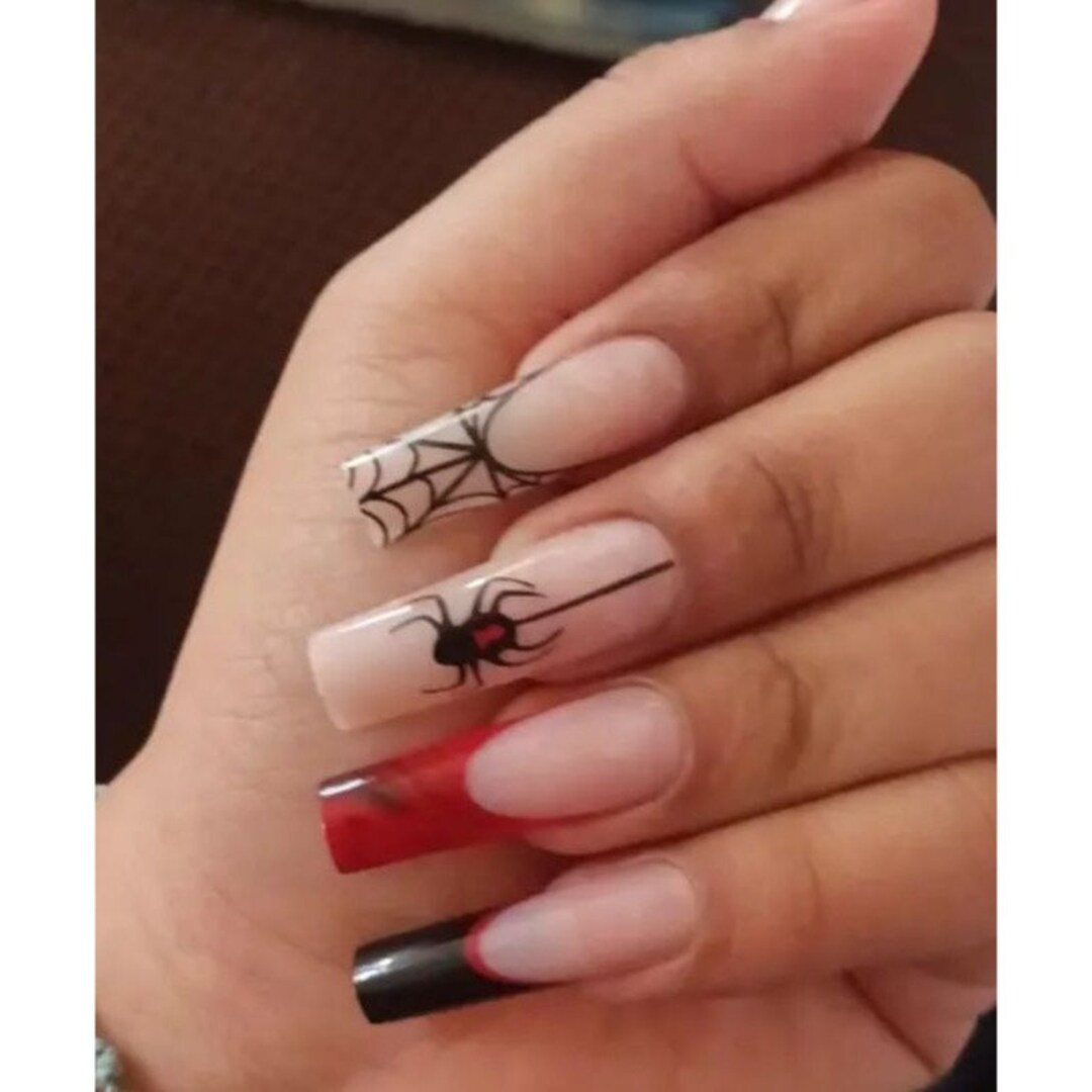 Halloween Spiderman Web French Tip Nails Glossy Press on Ballerina ...