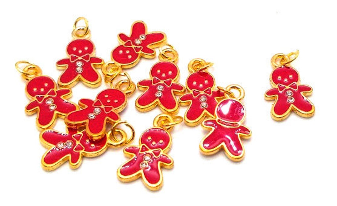4, 10, or 25 Gingerbread Charms - Red and Gold - Enameled Christmas ...